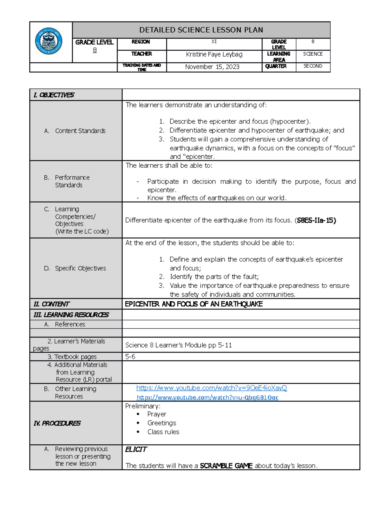 LP - Lesson Plan on Earthquake Dynamics for Grade 8 Science - Studocu