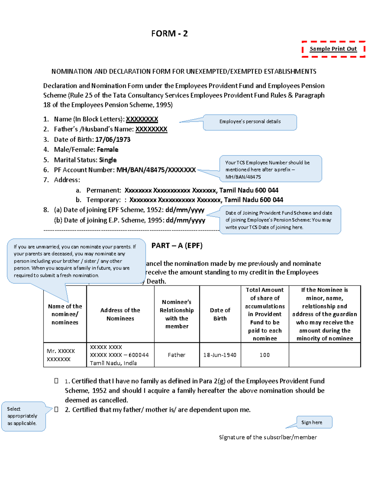 TCS EPF Nomination & Declaration Form Sample Print Out - Studocu