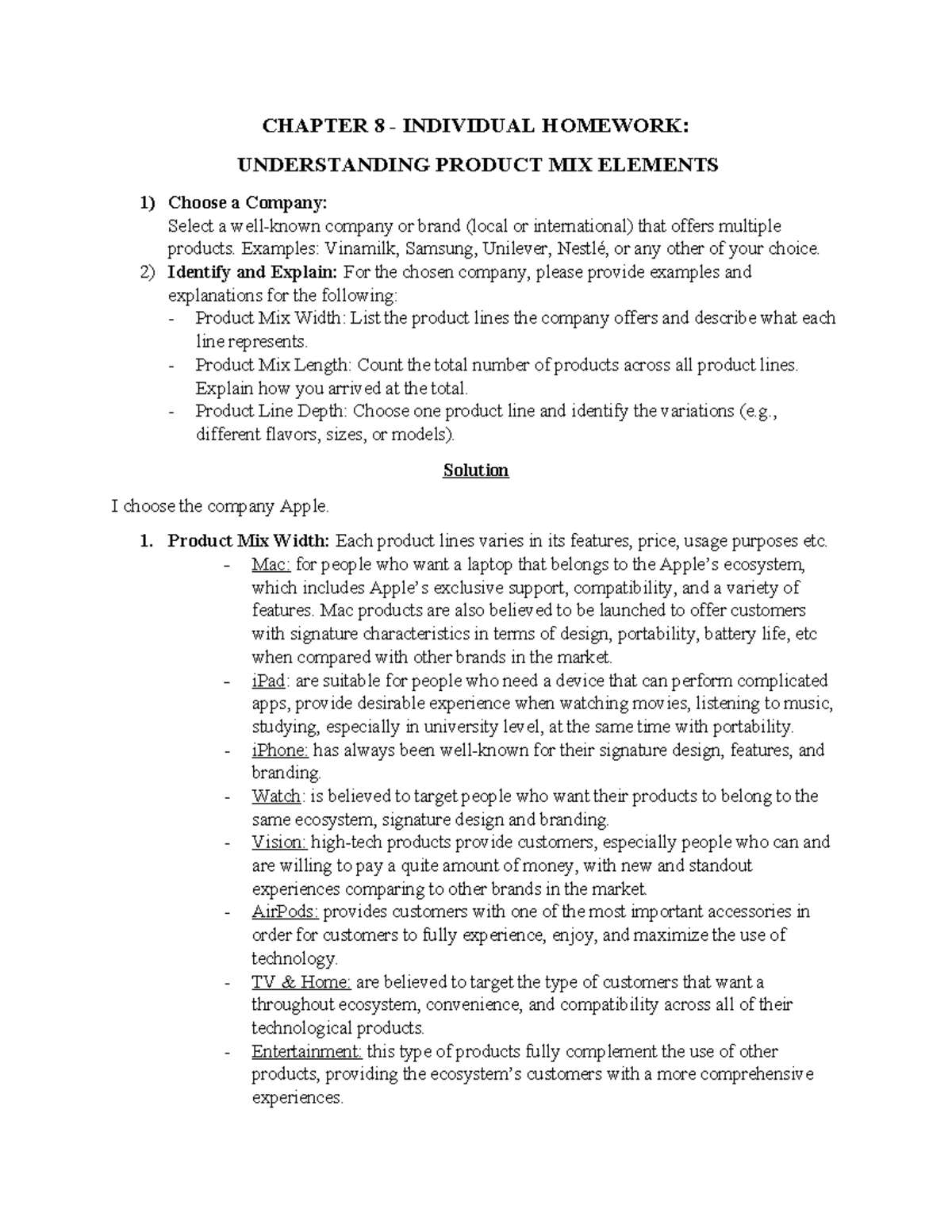 CHAPTER 8 MARKETING: UNDERSTANDING PRODUCT MIX ELEMENTS ASSIGNMENT ...