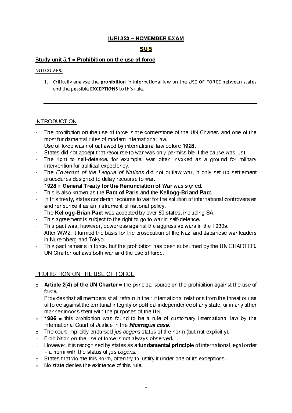 IURI 323 NOVEMBER EXAM SU 5 Study Unit 5.1: Prohibition on Use of Force ...