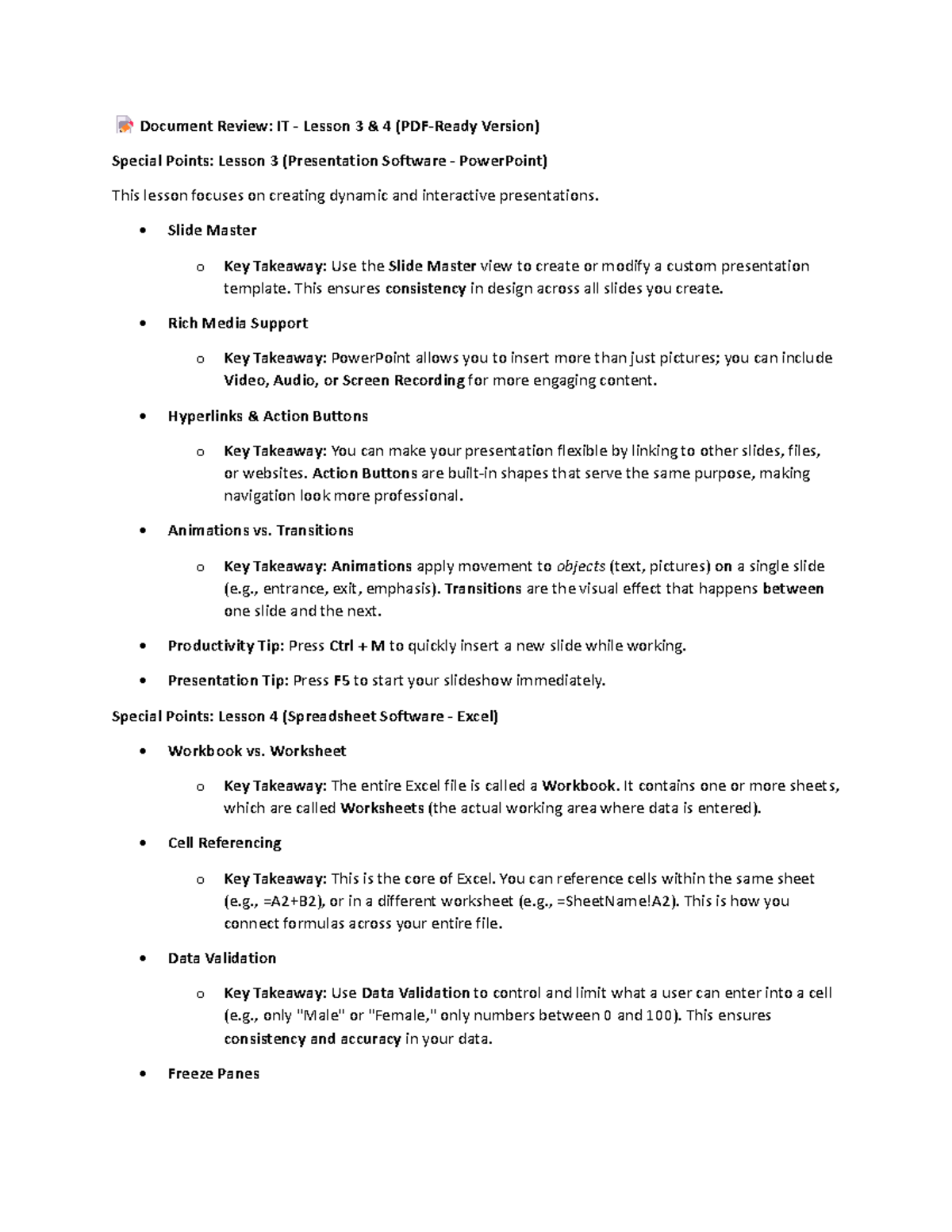 IT Midterm Review: Lesson 3 & 4 on PowerPoint & Excel - Studocu