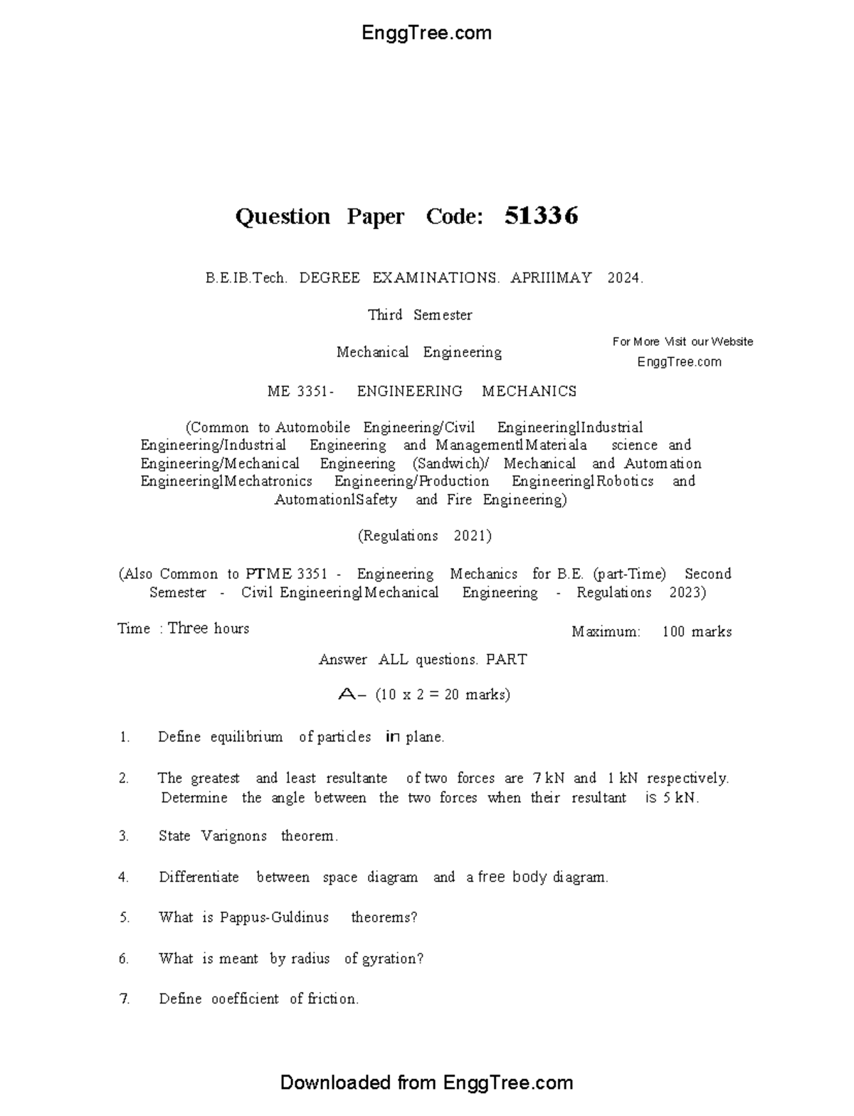 ME3351 Engineering Mechanics April-May 2024 Question Paper - Studocu