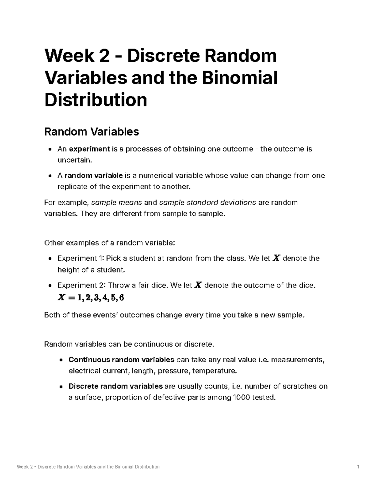 Week 2 Stats Notes: Discrete Random Variables & Binomial Dist. - Studocu