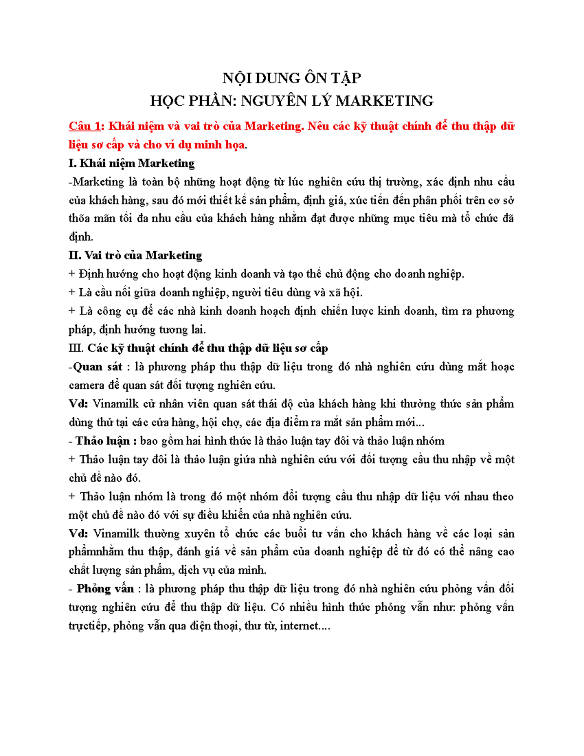 NỘI DUNG ÔN TẬP HỌC PHẦN: NGUYÊN LÝ MARKETING - CÁC KHÁI NIỆM CƠ BẢN ...