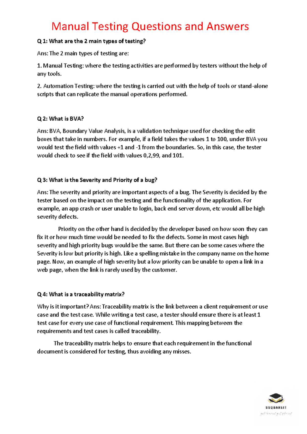 Manual Testing Questions and Answers for Software Testing (Course Code ...