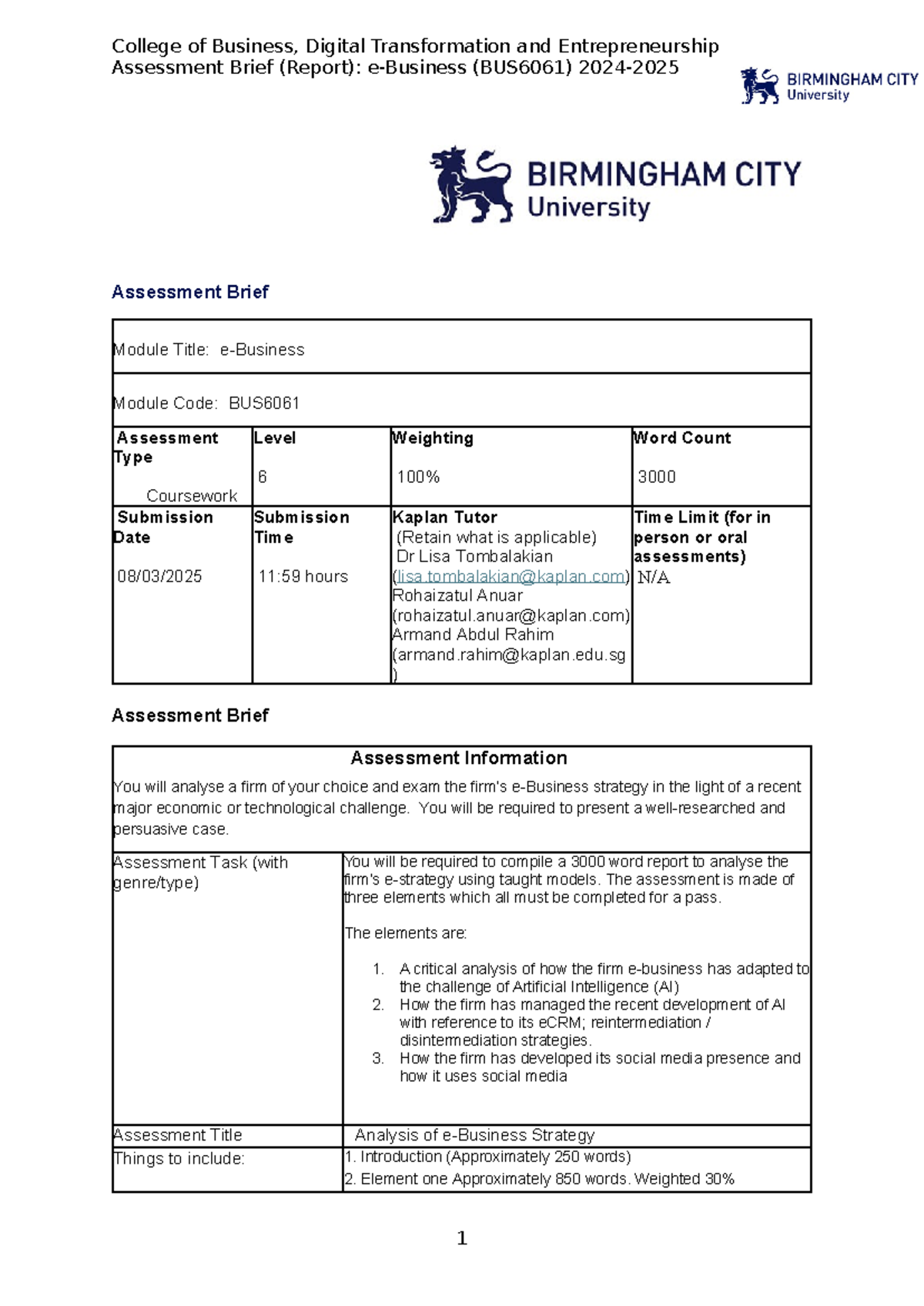 BUS6061 E-Business Assessment Brief 2024-25 - Assessment Brief (Report ...