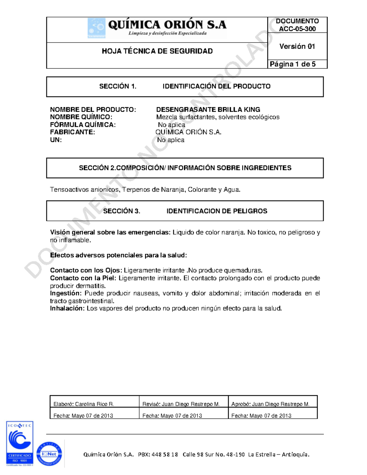 Hoja Técnica de Seguridad del Desengrasante Brilla King ACC-05-300 ...