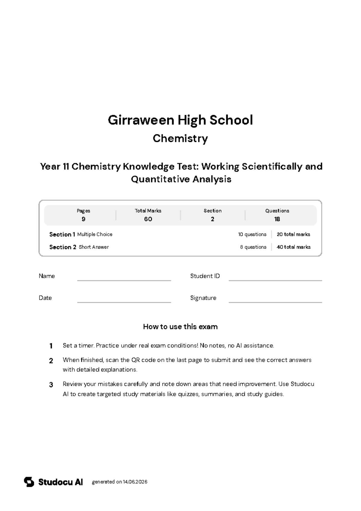 Year 11 Chemistry Knowledge Test: Working Scientifically - Studocu