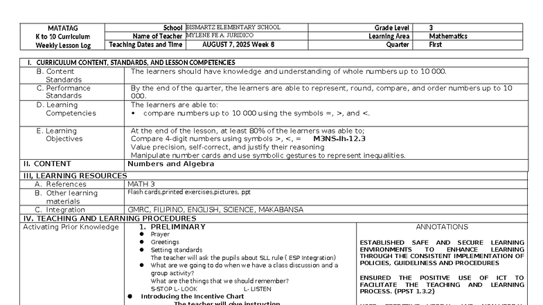 MATATAG K to 10 Math Lesson Plan Q3 W8 - School Year 2025-2026 - Studocu