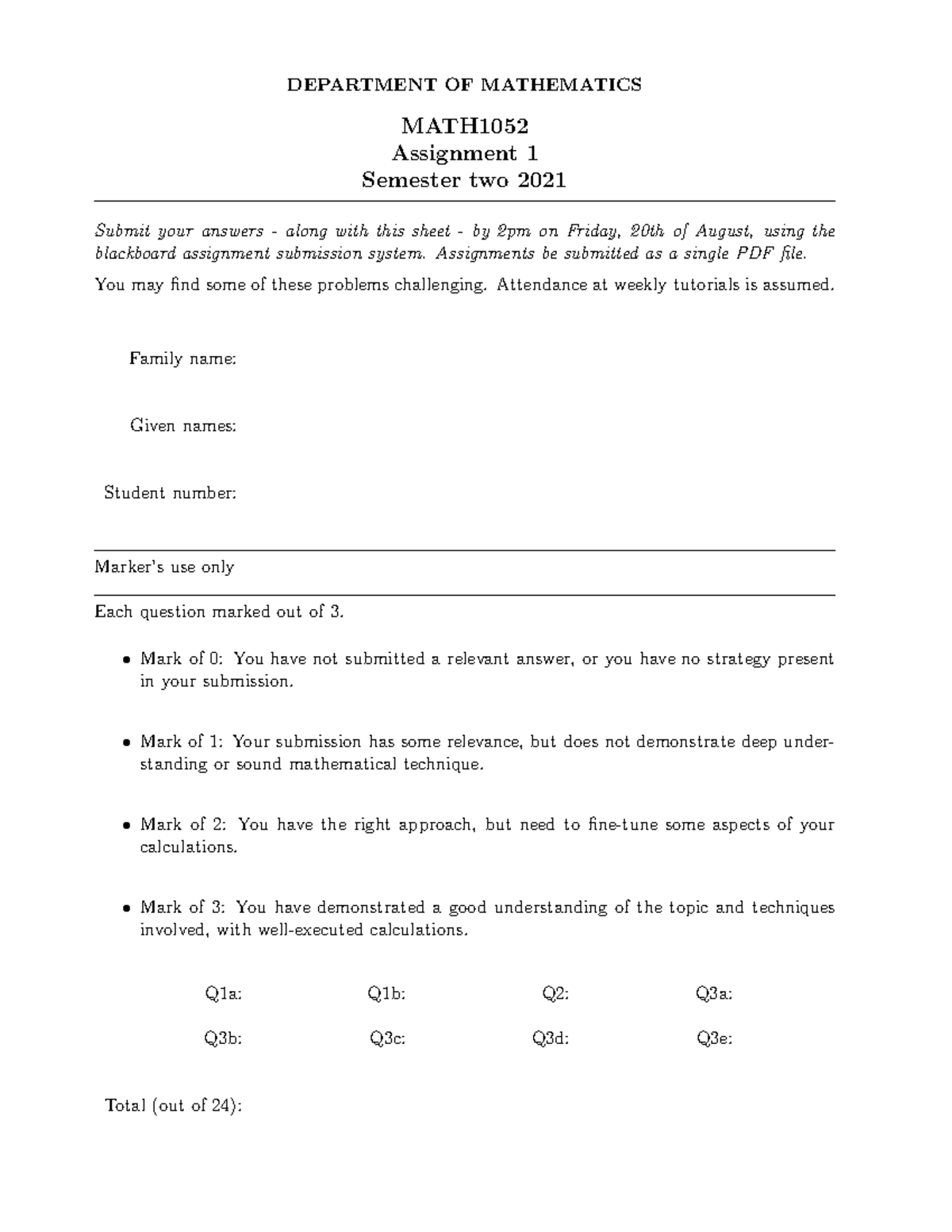 MATH1051 Assignment 1 - Differential Equations & Integrals (2021) - Studocu