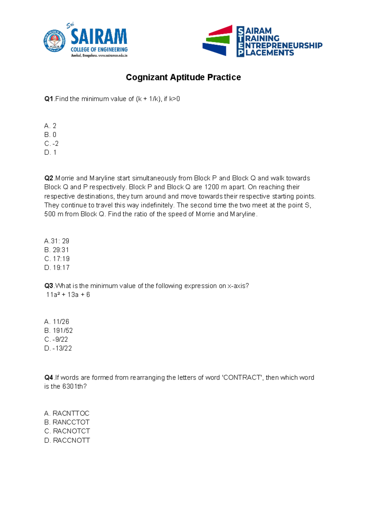 Cognizant Aptitude Practice Set 1: Questions and Solutions - Studocu