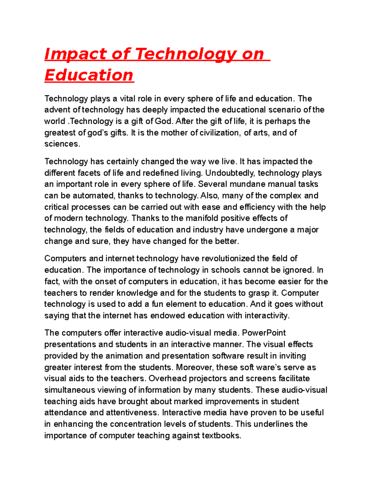 Impact of Technology on Education essay for coi - Impact of Technology ...