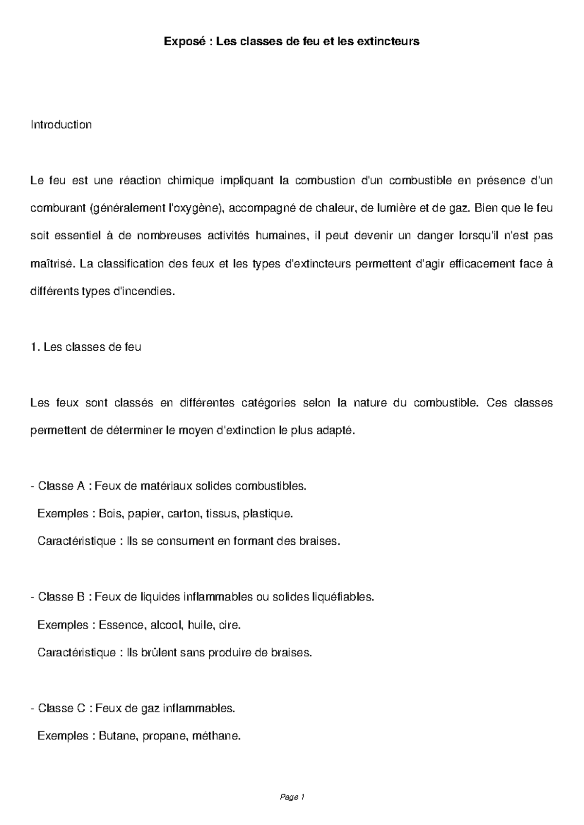 Exposé sur les Classes de Feu et Extincteurs - Sécurité Incendie - Studocu