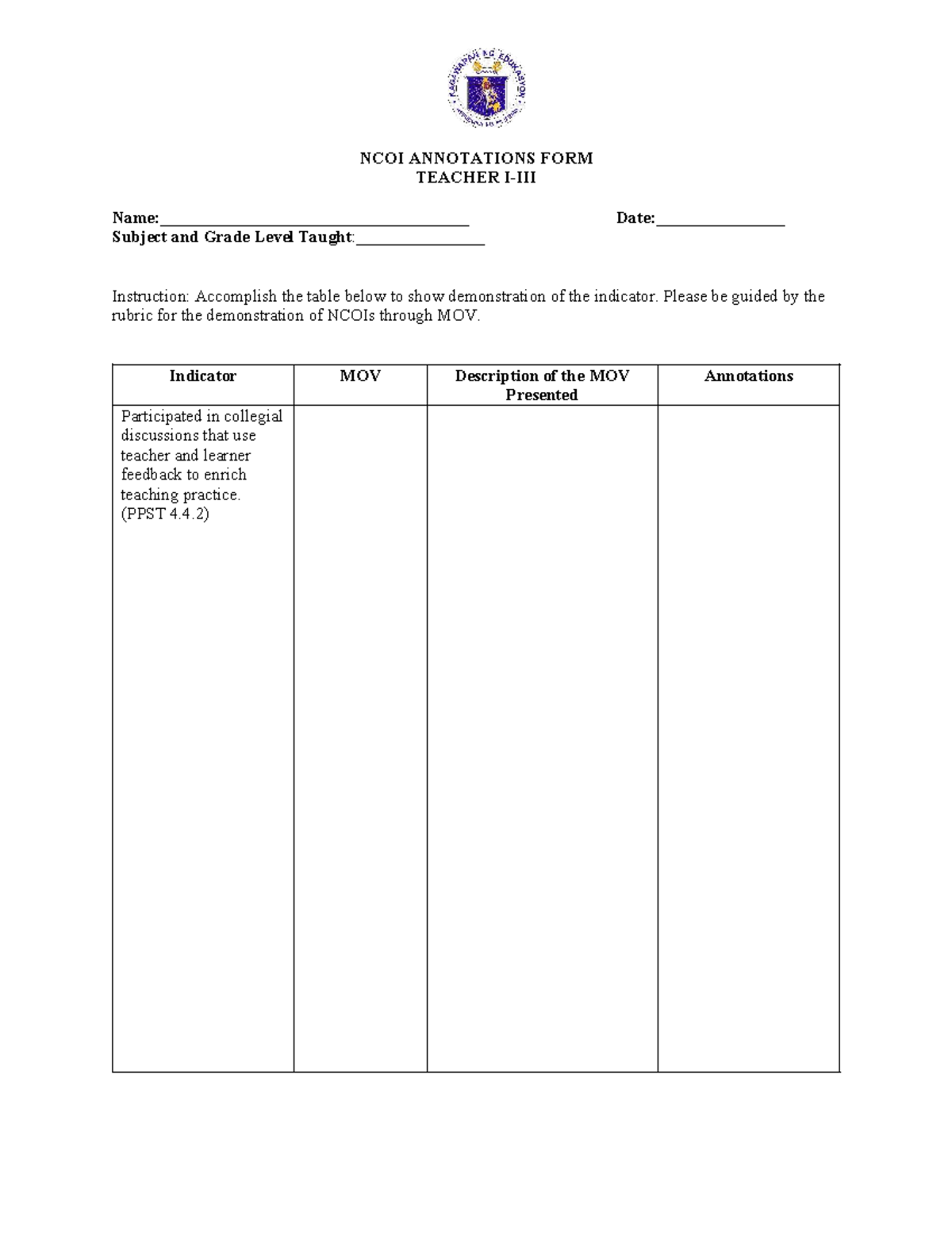 NCOI Annotations Form for Teacher Evaluation and Indicators - Studocu