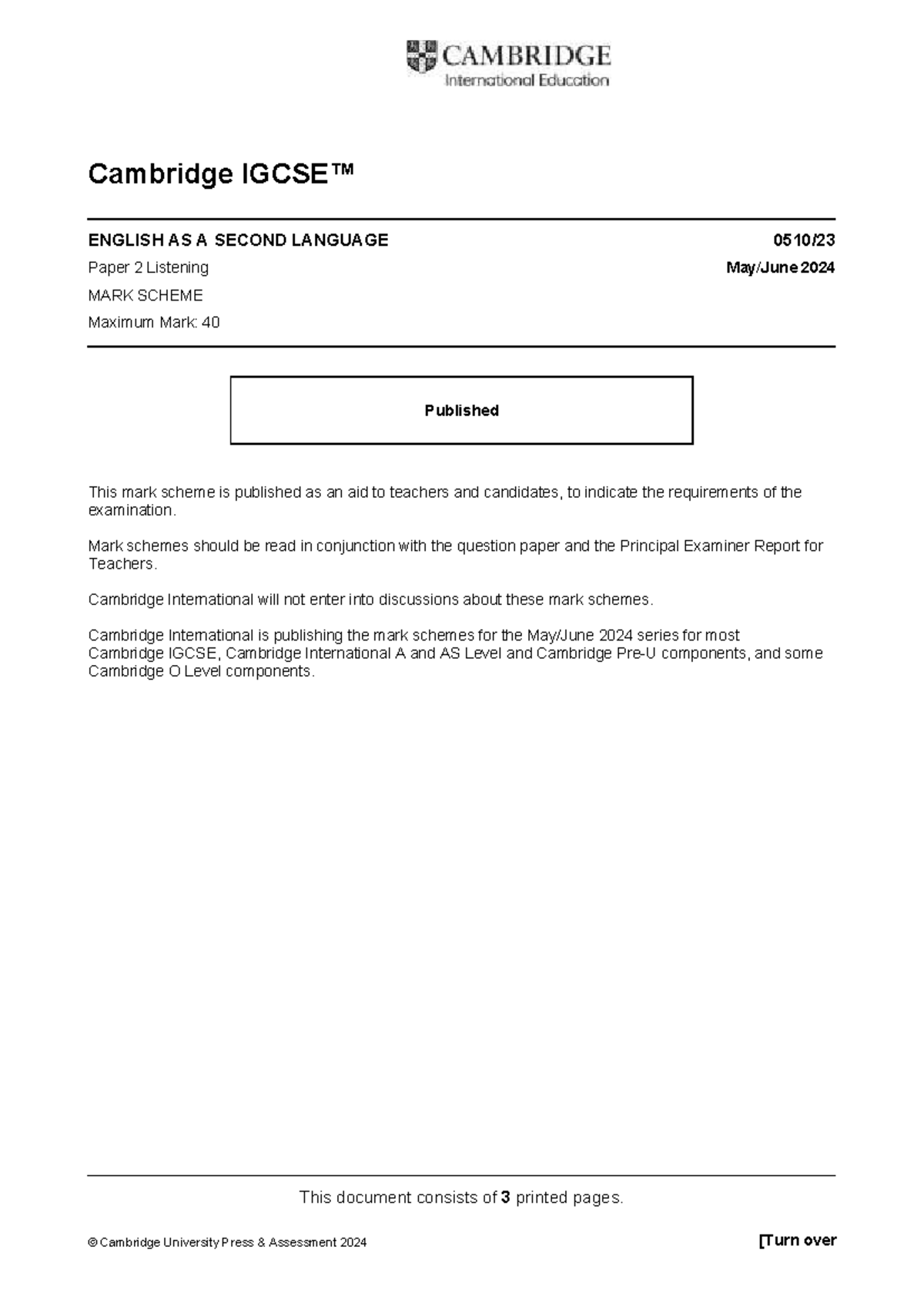 Cambridge IGCSE 0510 Paper 2 Listening 2024 Mark Scheme - Studocu