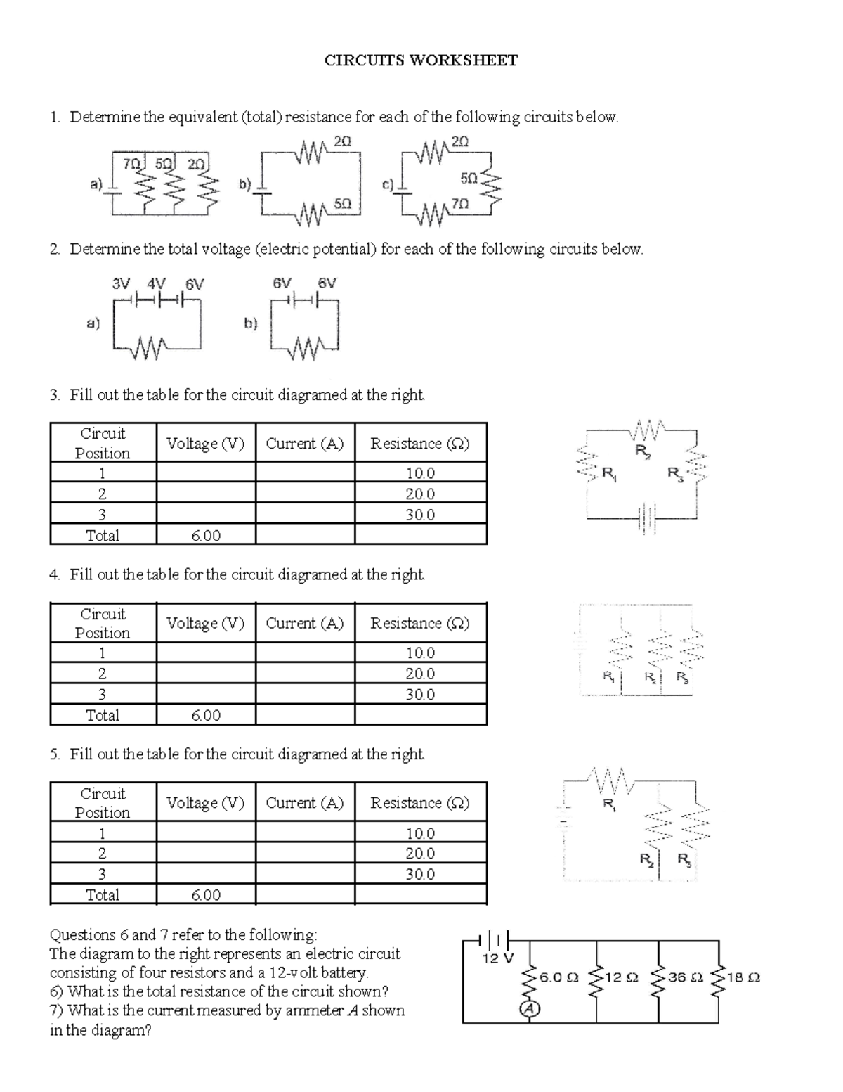 CIRCUITS WORKSHEET - Determine Resistance, Voltage & Current - Studocu