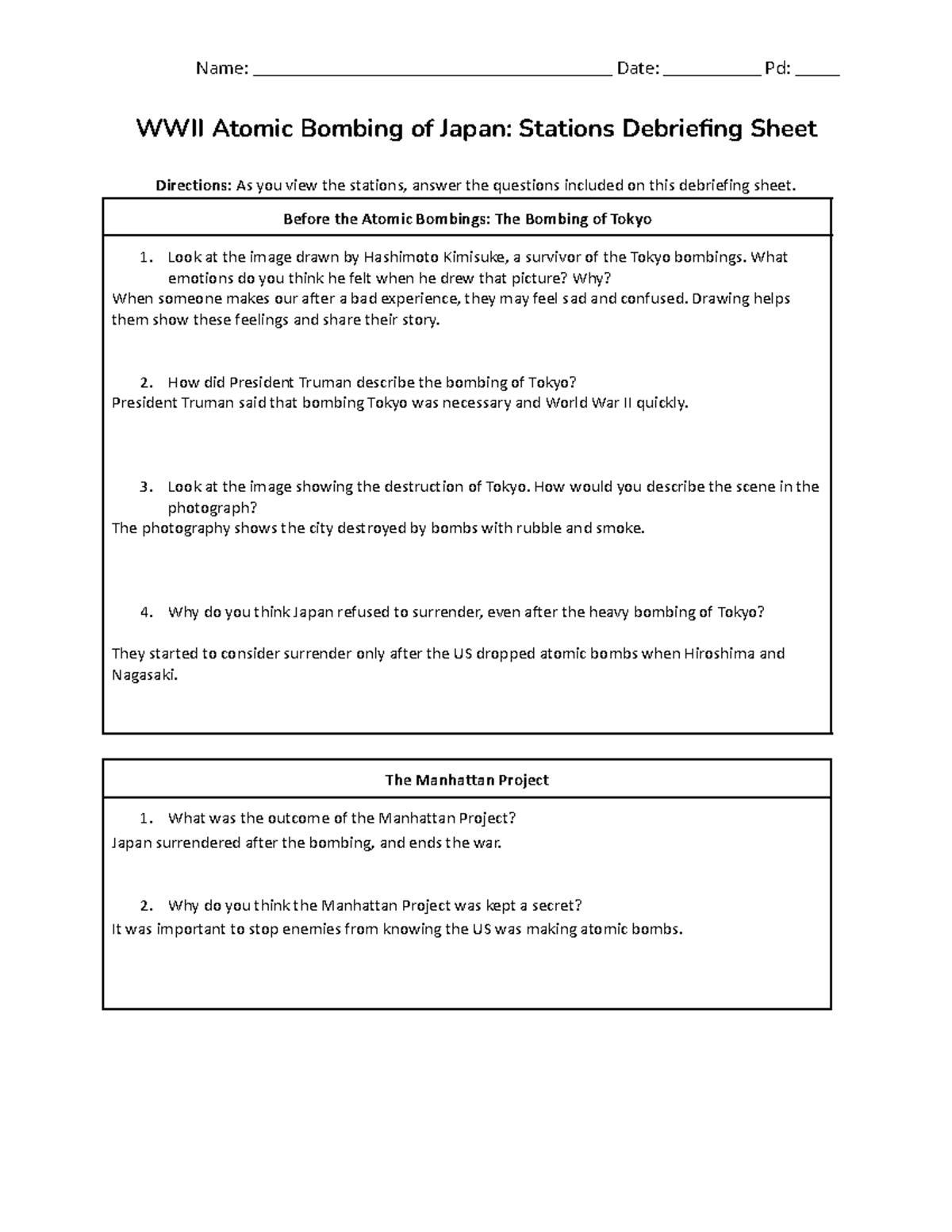 WWII atomic bombing of Japan: stations debriefing sheet analysis - Studocu