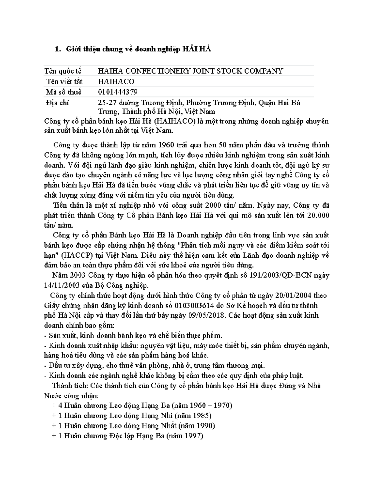 Tiểu luận về Doanh nghiệp Bánh kẹo Hải Hà - HAIHACO - Studocu