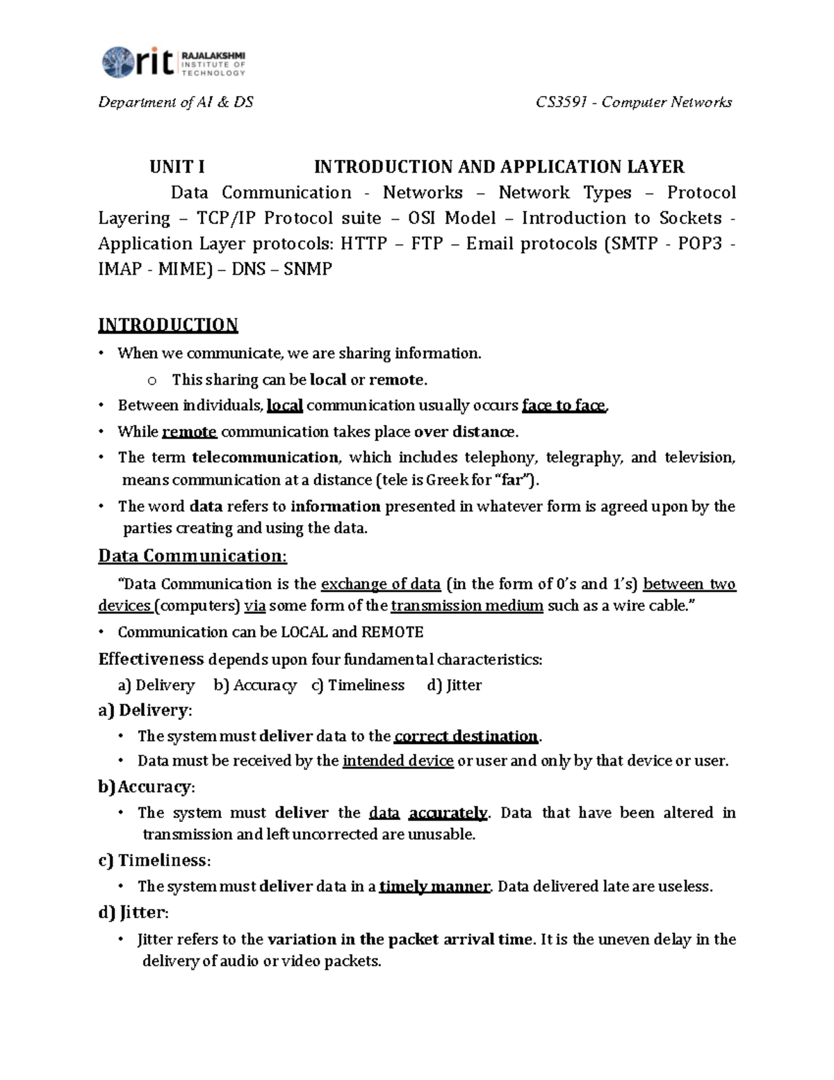 UNIT I: Introduction to Data Communication & Application Layer (CS101) - Studocu