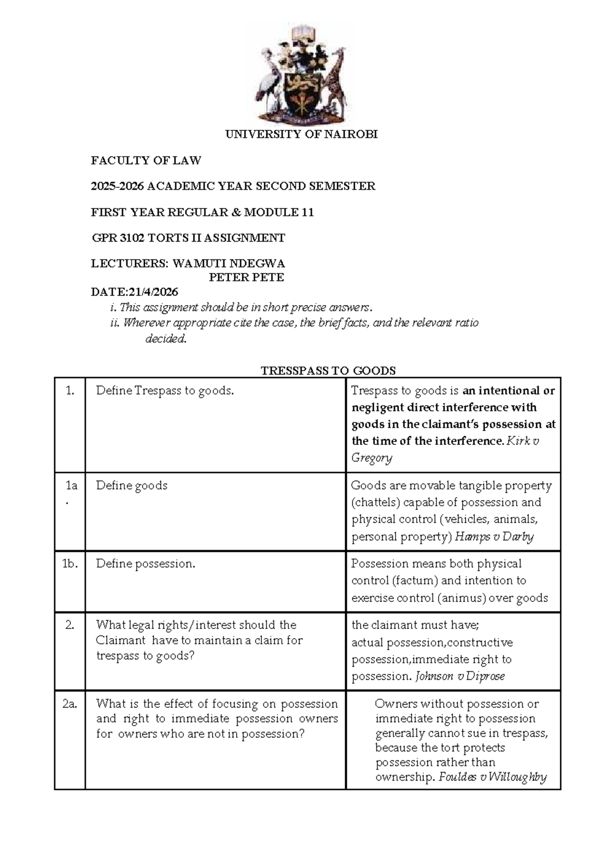 GPR 3102 Torts II Assignment: Trespass to Goods Analysis - Studocu