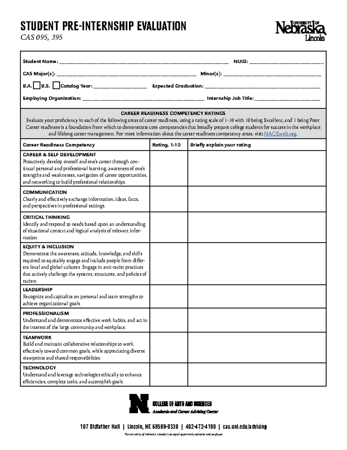 CAS Pre-Internship Evaluation- Fillable - STUDENT PRE-INTERNSHIP ...