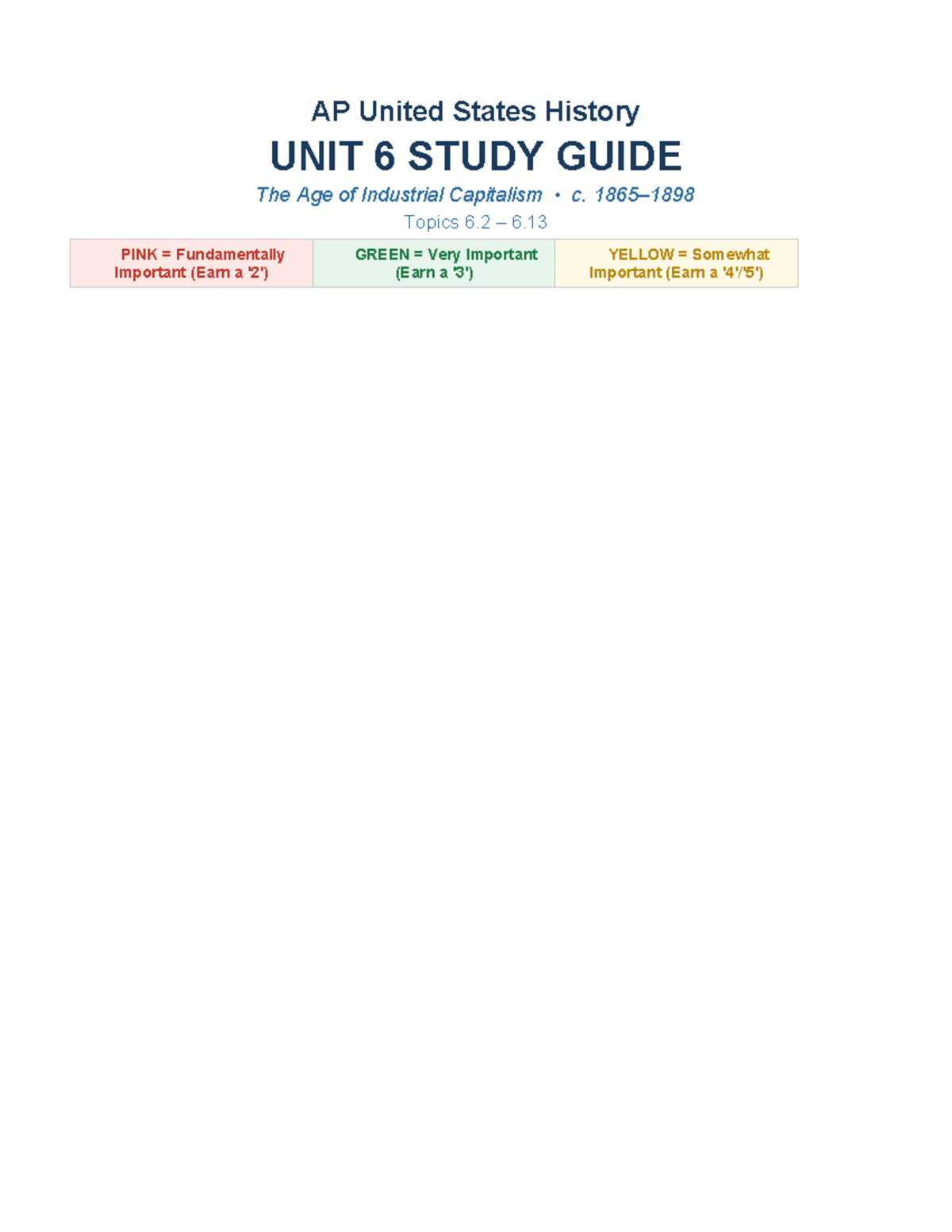 APUSH Unit 6 Study Guide: The Age of Industrial Capitalism (c. 1877 ...