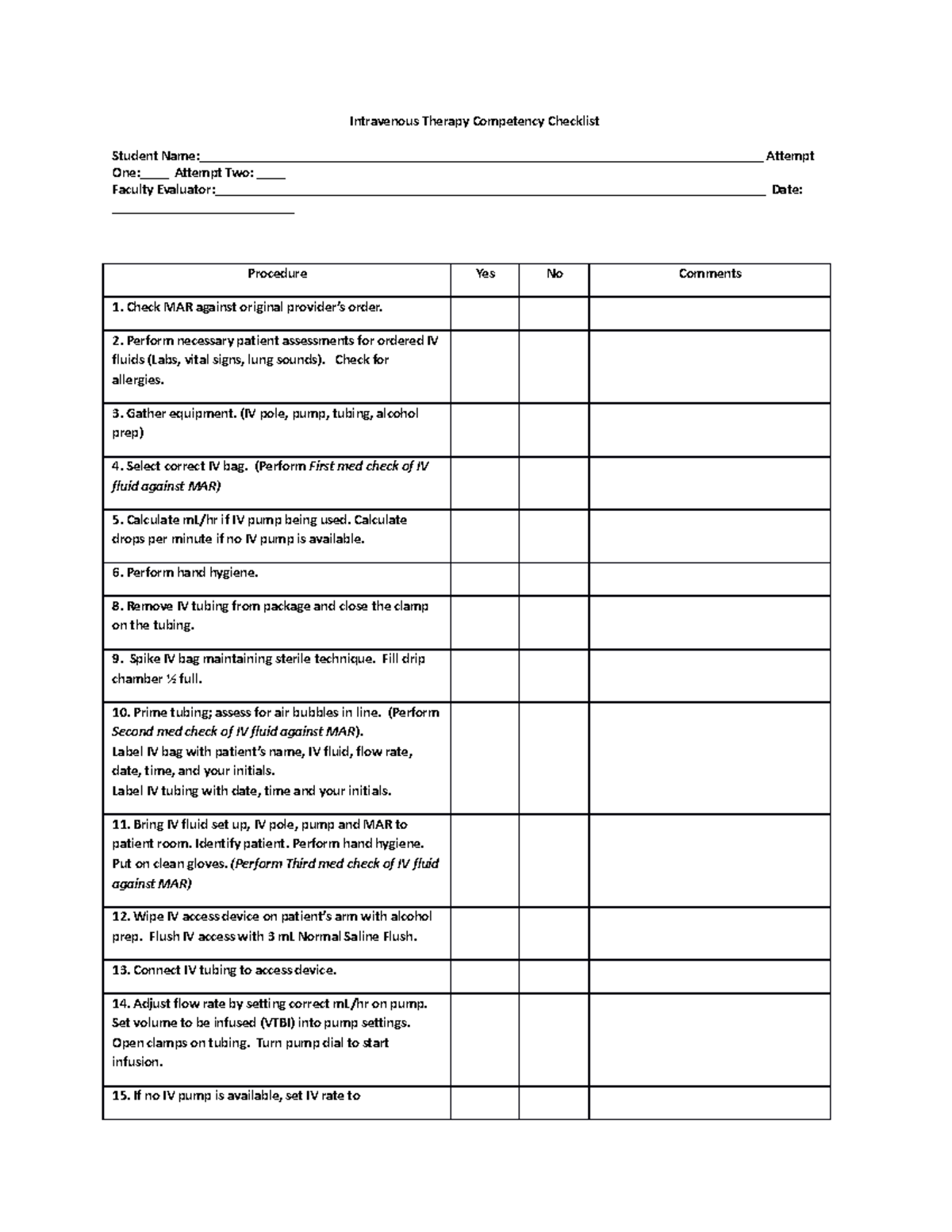 IV Therapy Competency Checklist 2018 - Evaluation Form - Studocu
