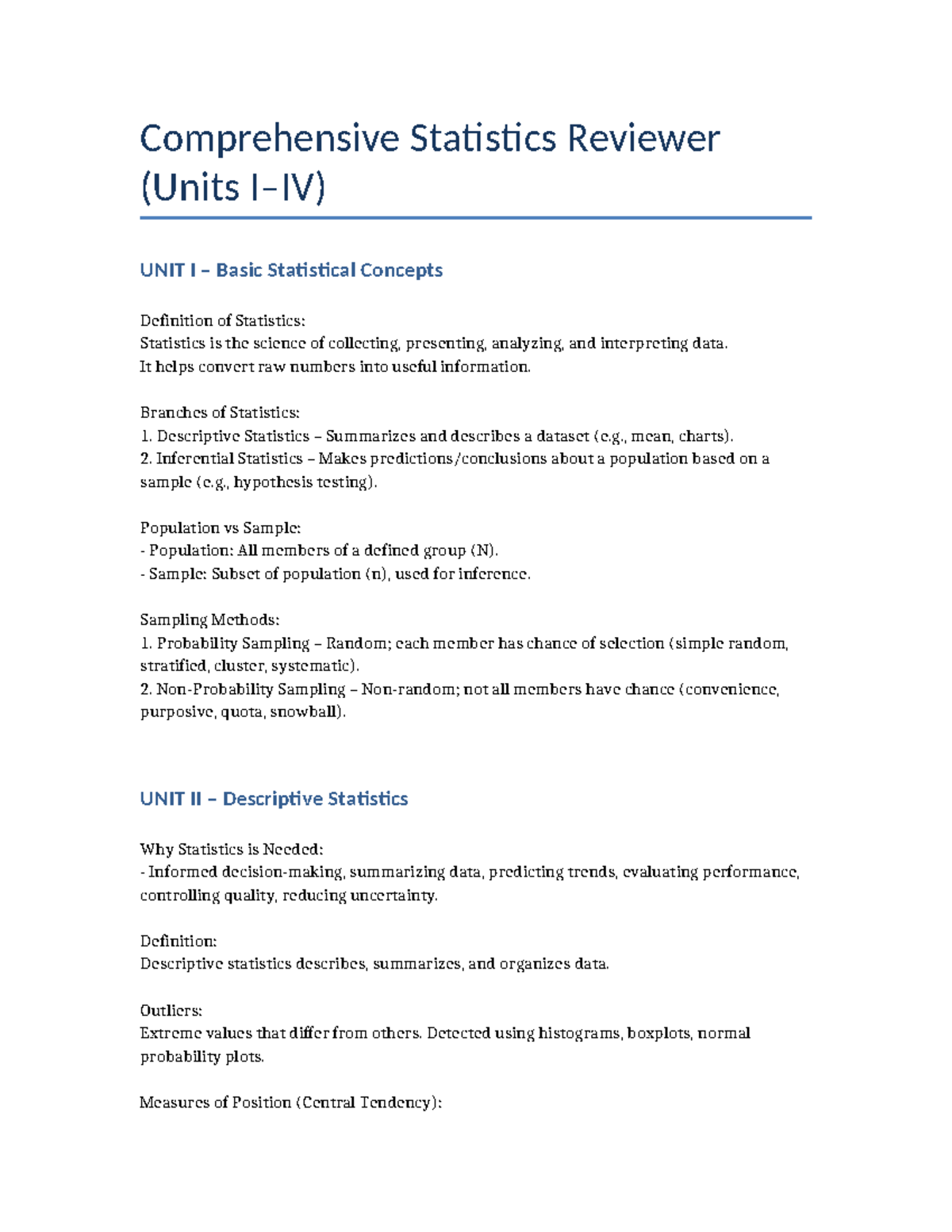 Statistics Reviewer: Comprehensive Guide to UNIT I & II Concepts - Studocu