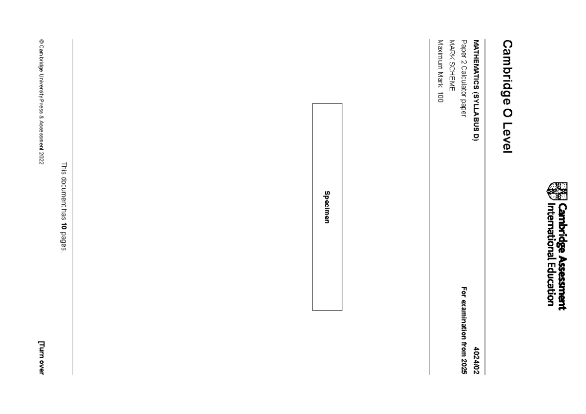 Cambridge O Level Mathematics (4024) Paper 2 Calculator Mark Scheme ...
