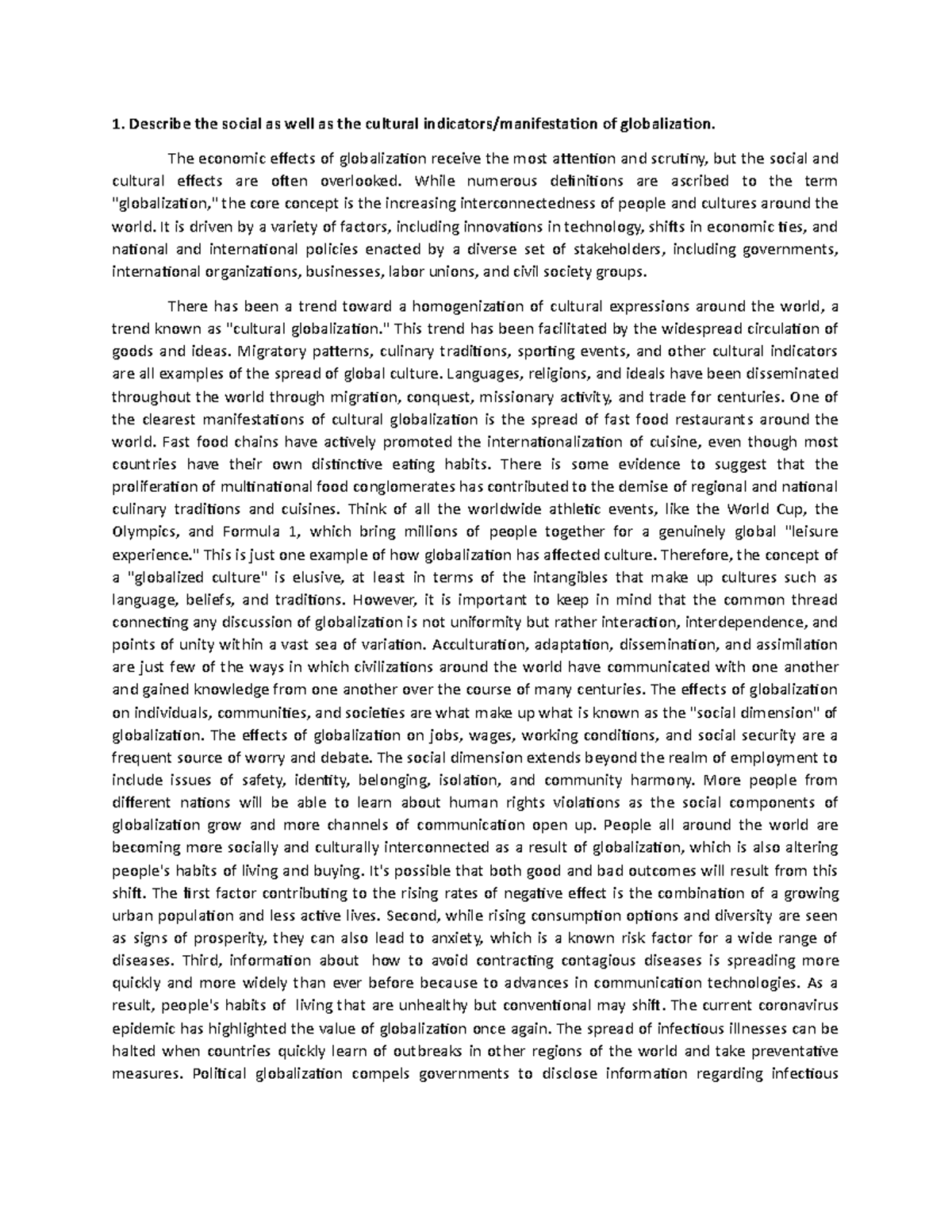 Social AND Cultural Indicators OF Globalization - Describe the social ...