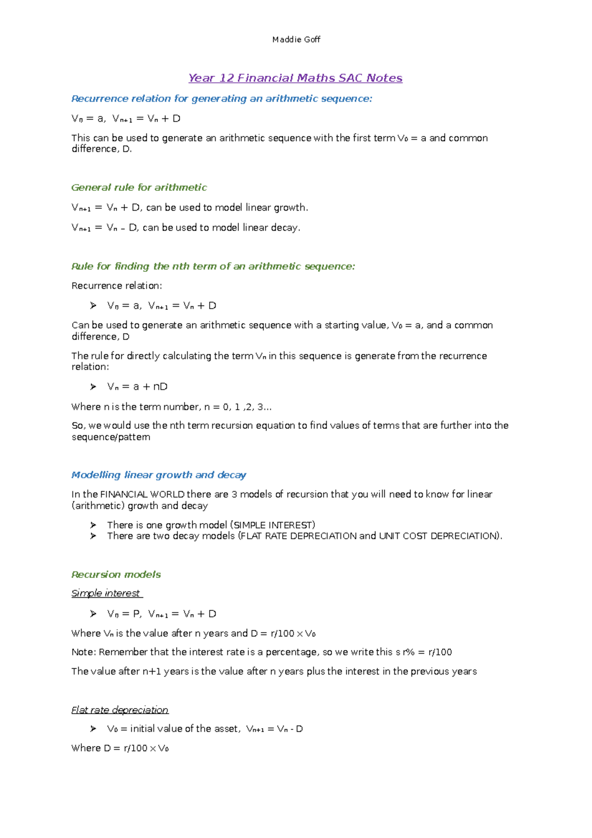 Year 12 Financial Maths SAC: Recursion & Linear Growth Notes - Studocu
