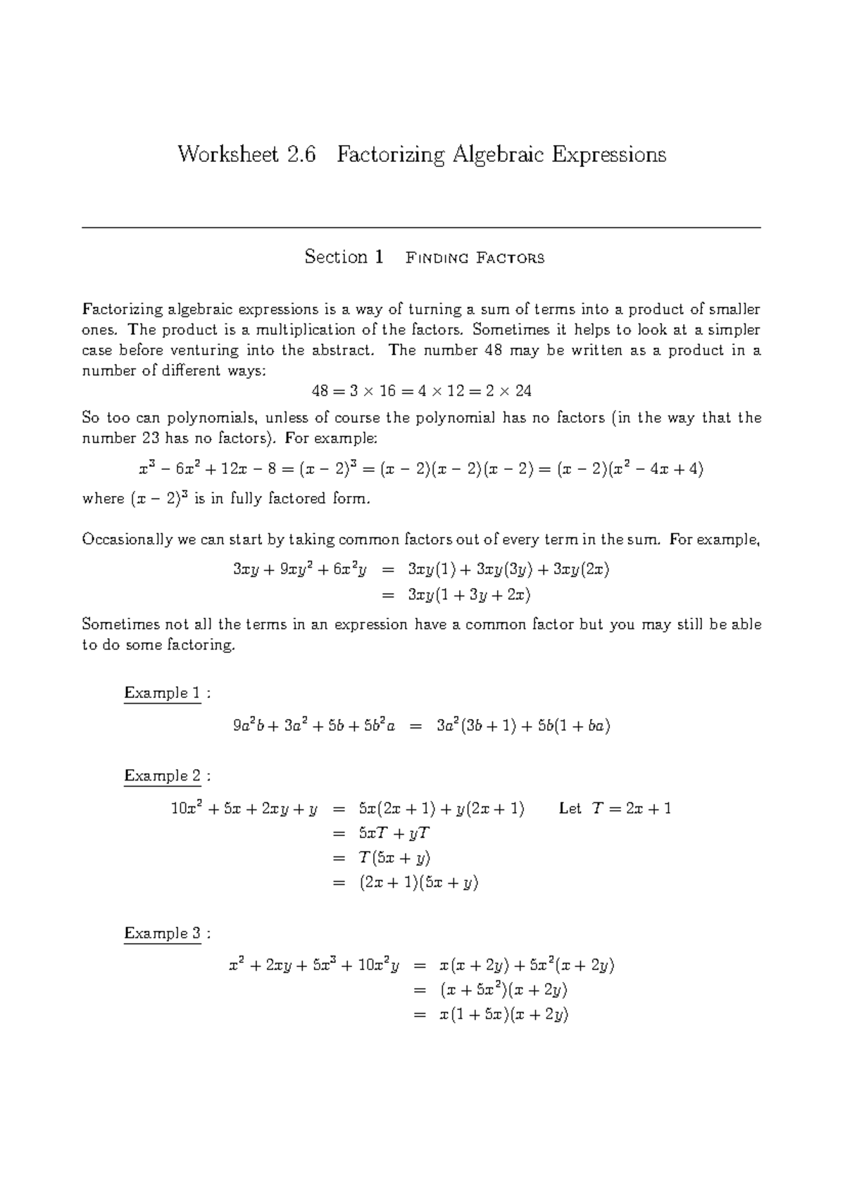 Algebra I: Factorizing Expressions and Quadratics Worksheet - Studocu