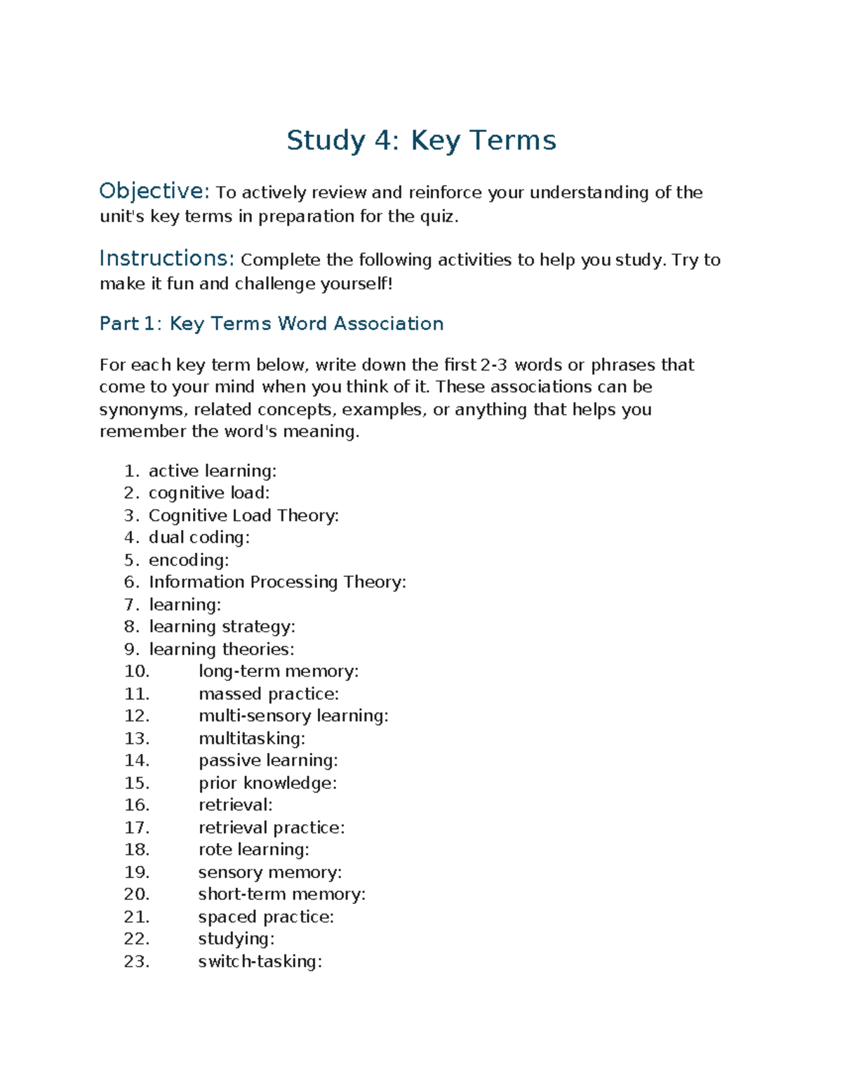 Key Terms Study Guide for Quiz Prep: Study 4 - Studocu