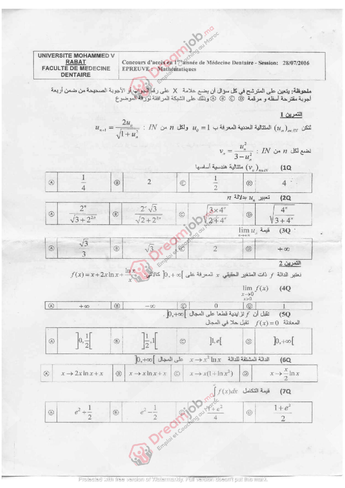 Exemples de Concours en Médecine Dentaire FMD Rabat 2016 - Studocu
