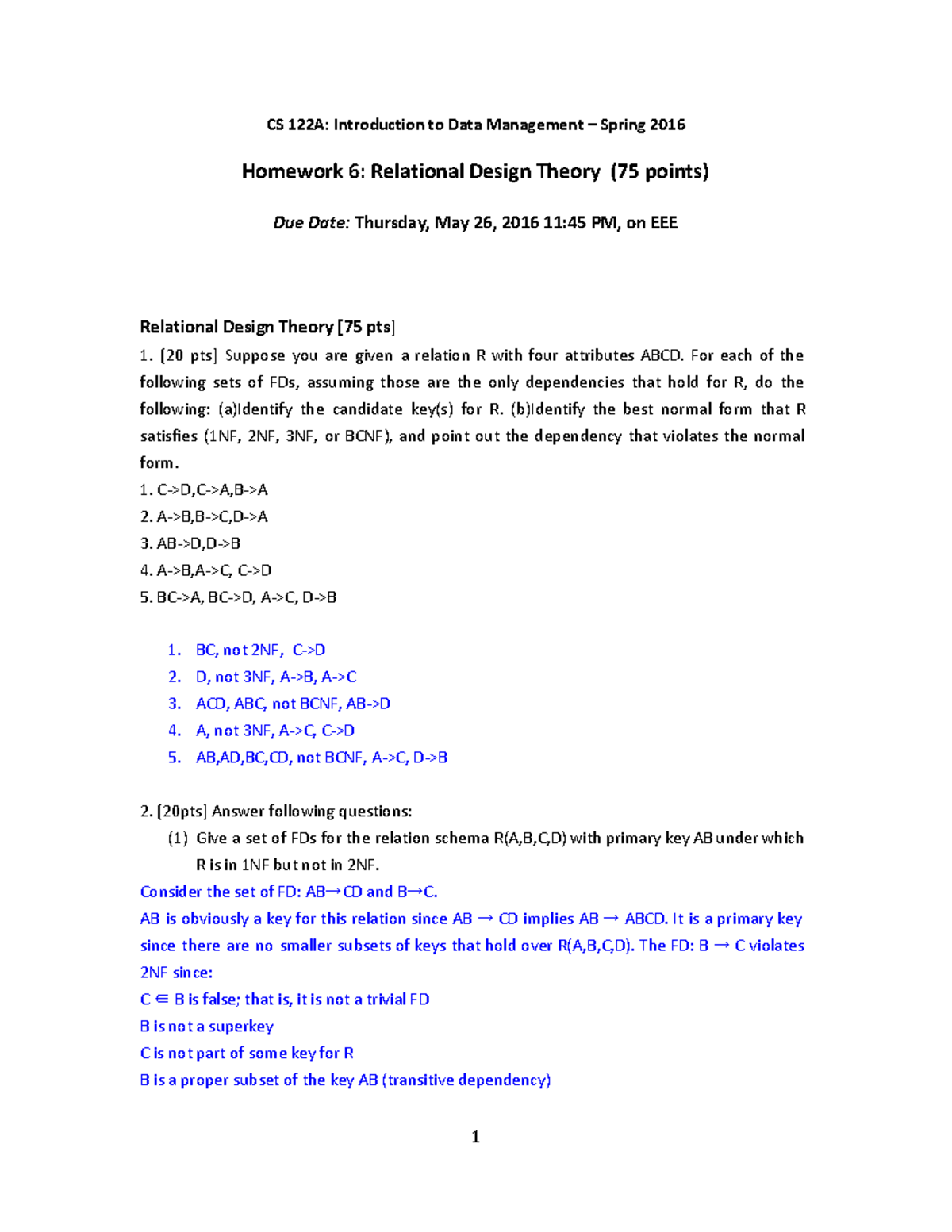 CS 122A: Spring 2016 Homework 6 Solutions on Relational Design Theory - Studocu
