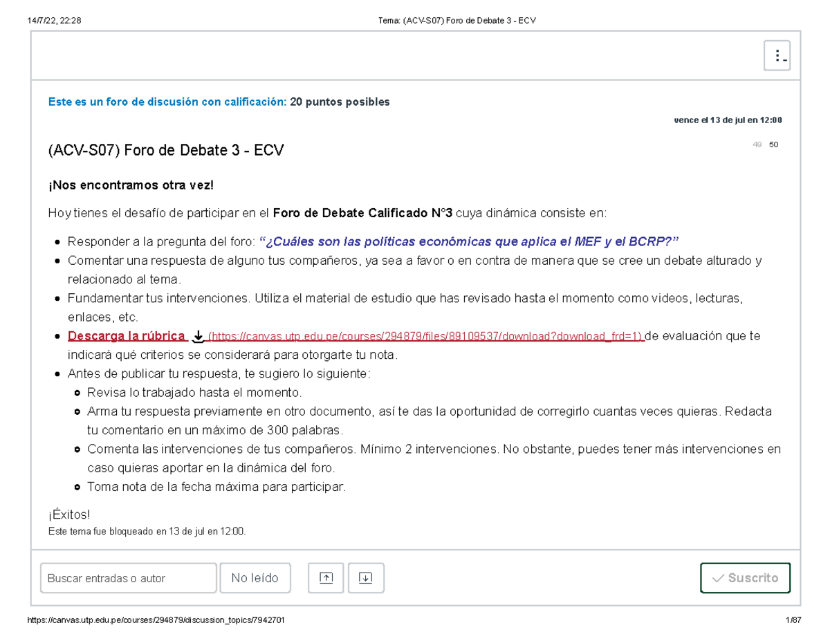 Tema (ACV-S07) Foro de Debate 3 - ECV - Este es un foro de discusión con calificación: 20 puntos ...