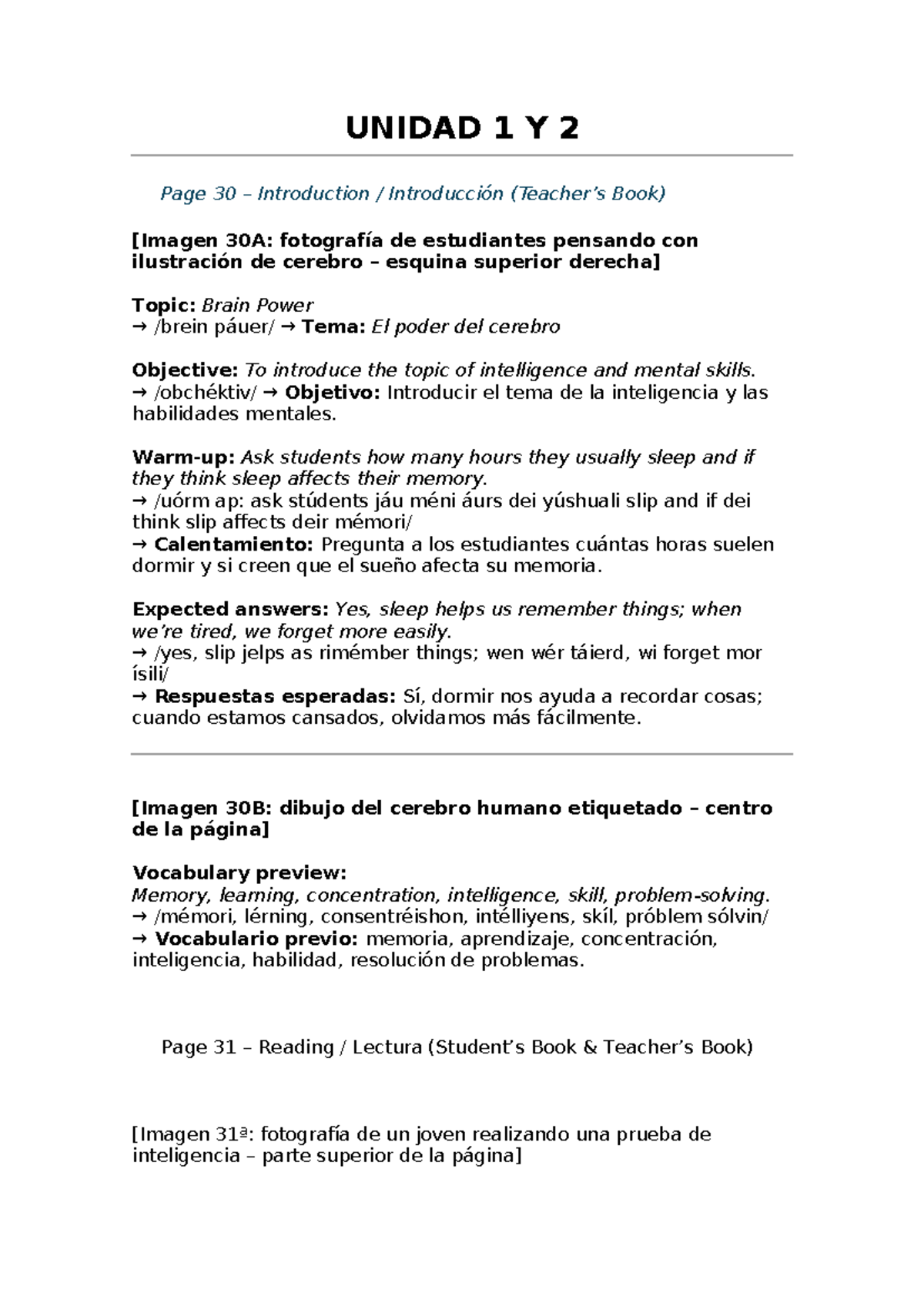 Unidad 1 y 2: Brain Power y Adventurers - Teacher's Book Notes - Studocu