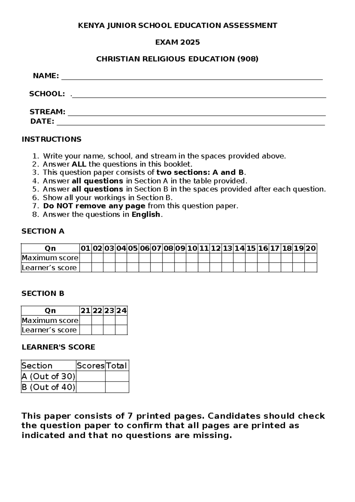 Grade 9 CRE Assessment Exam 2025 - Christian Religious Education (908 ...
