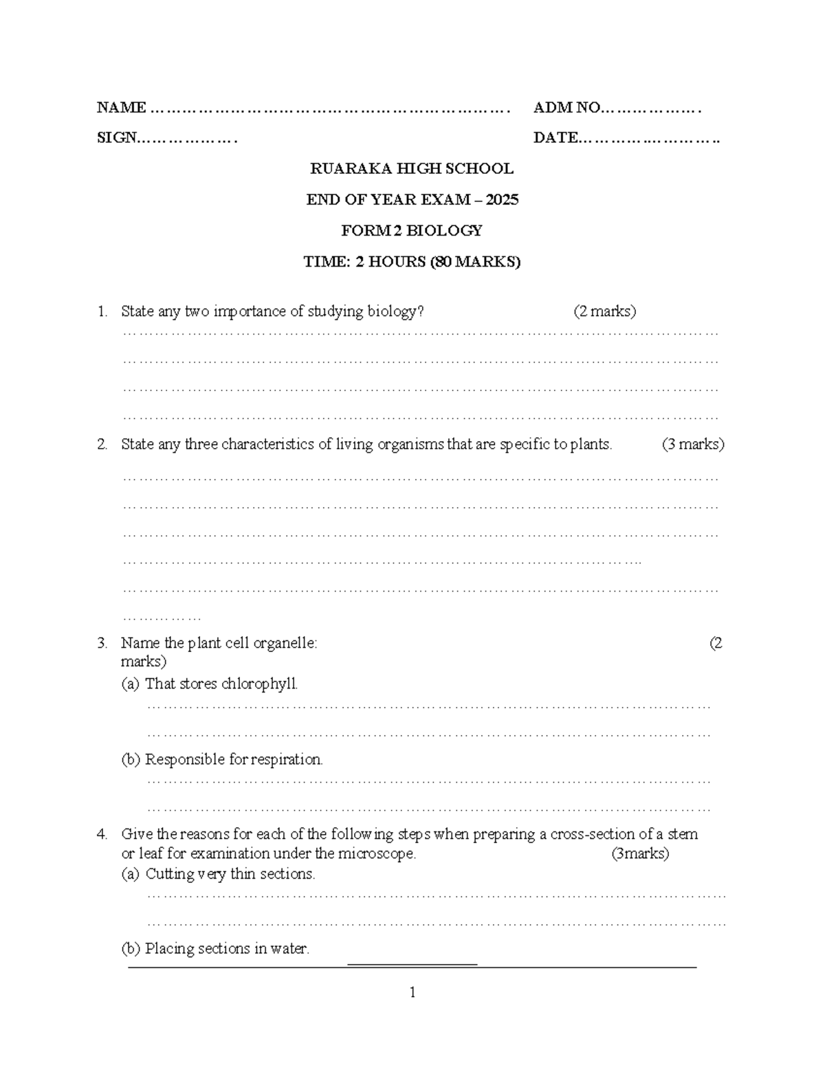 Biology FORM 2 END OF YEAR EXAM 2025 - Study Guide - Studocu