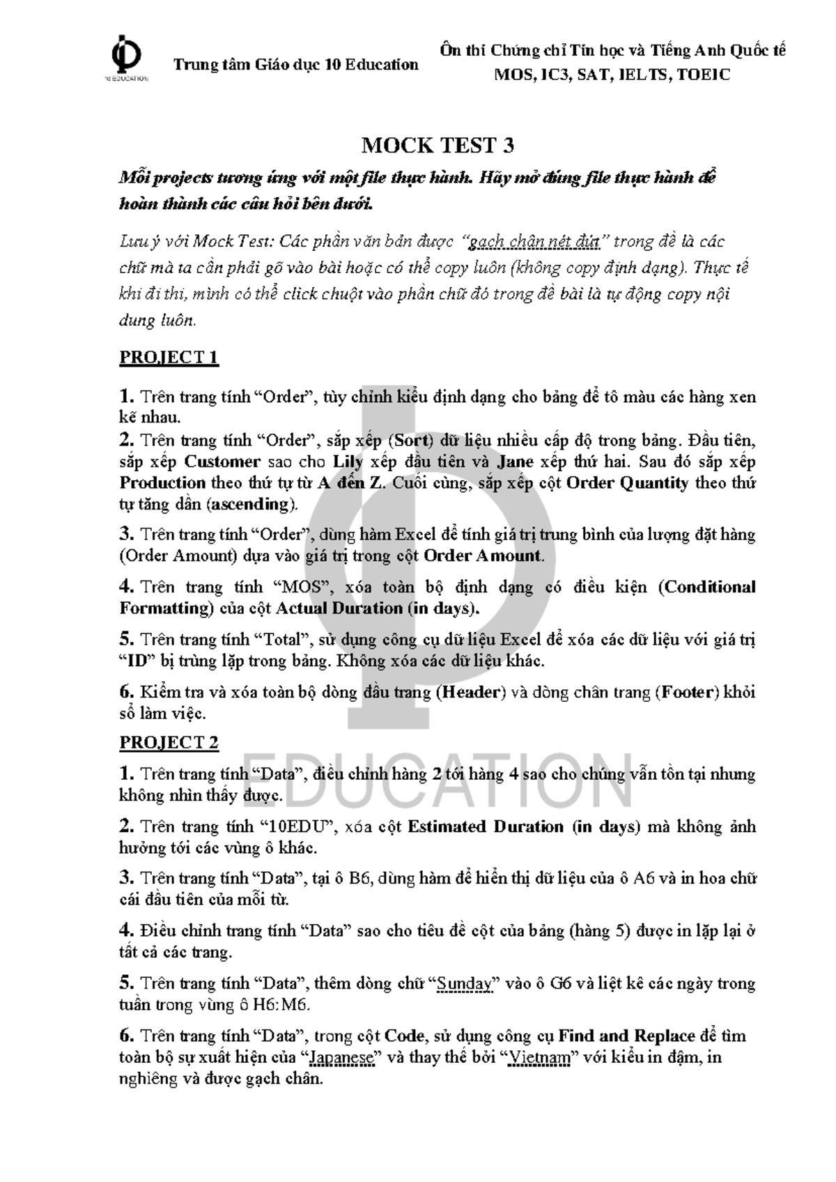 MOCK TEST 3: Practice Exercises for MOS, IC3, SAT, IELTS, TOEIC - Studocu