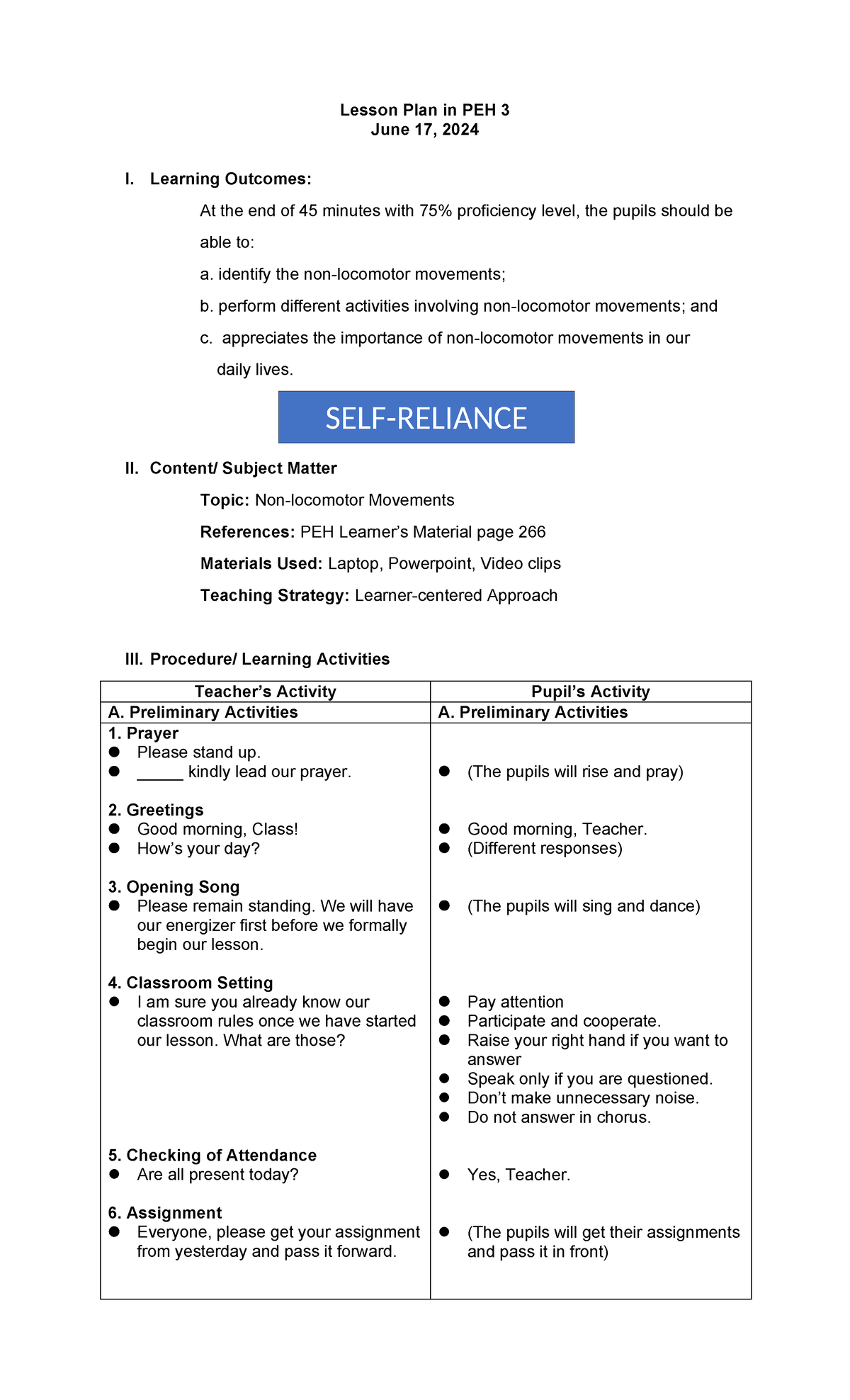 Lesson plan for PEH 3: Non-locomotor movements activities - Studocu