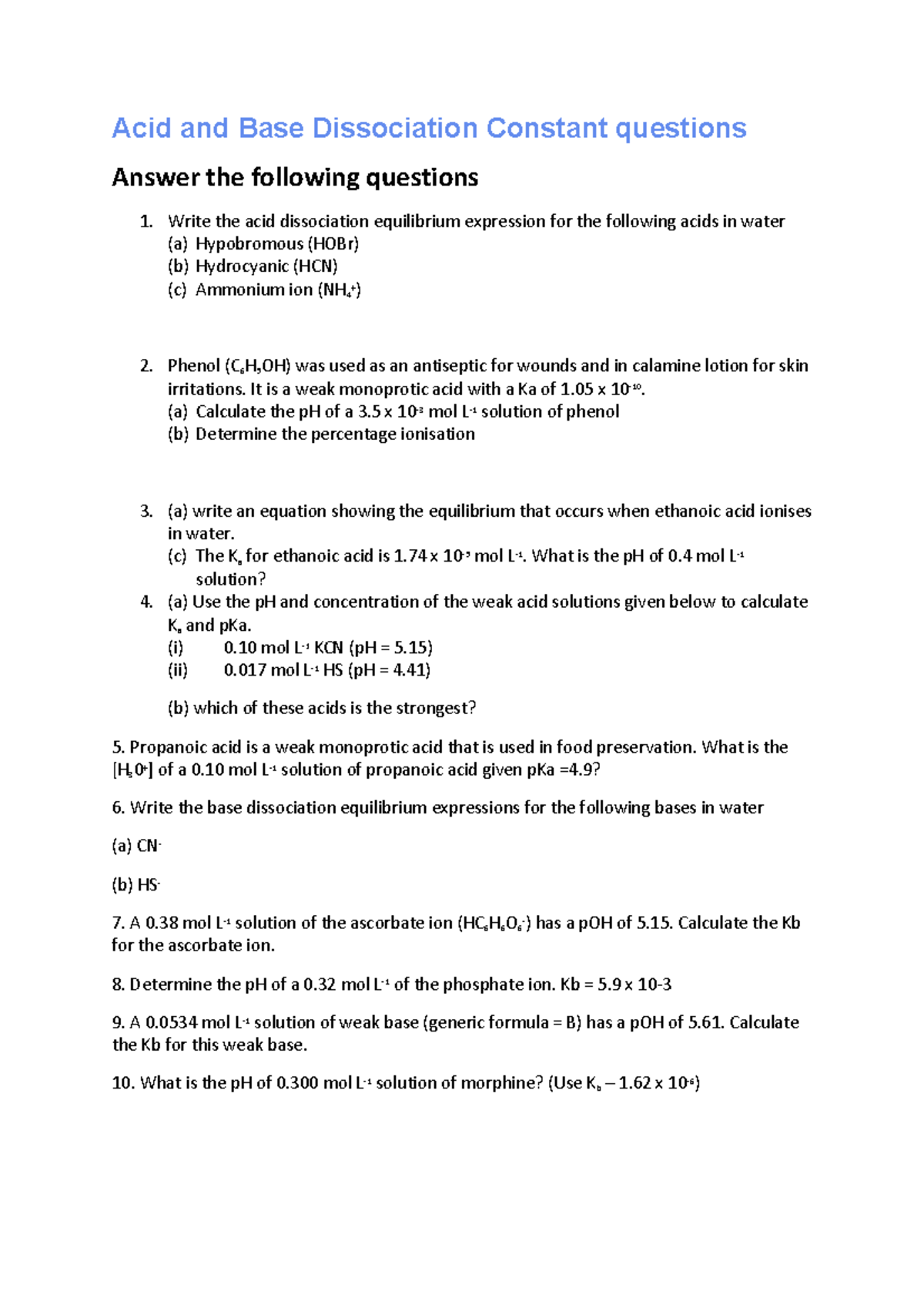 Acid and Base Dissociation Constants: Questions & Solutions - Studocu