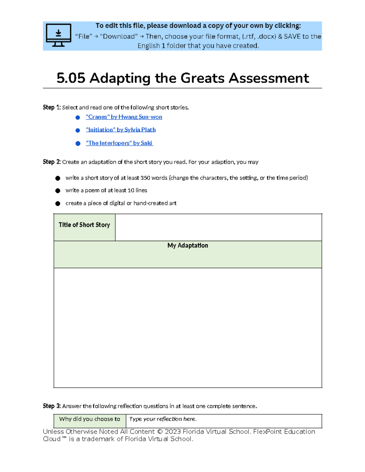 5.05 Greats Adaptation Assessment: Creative Short Story Project - Studocu