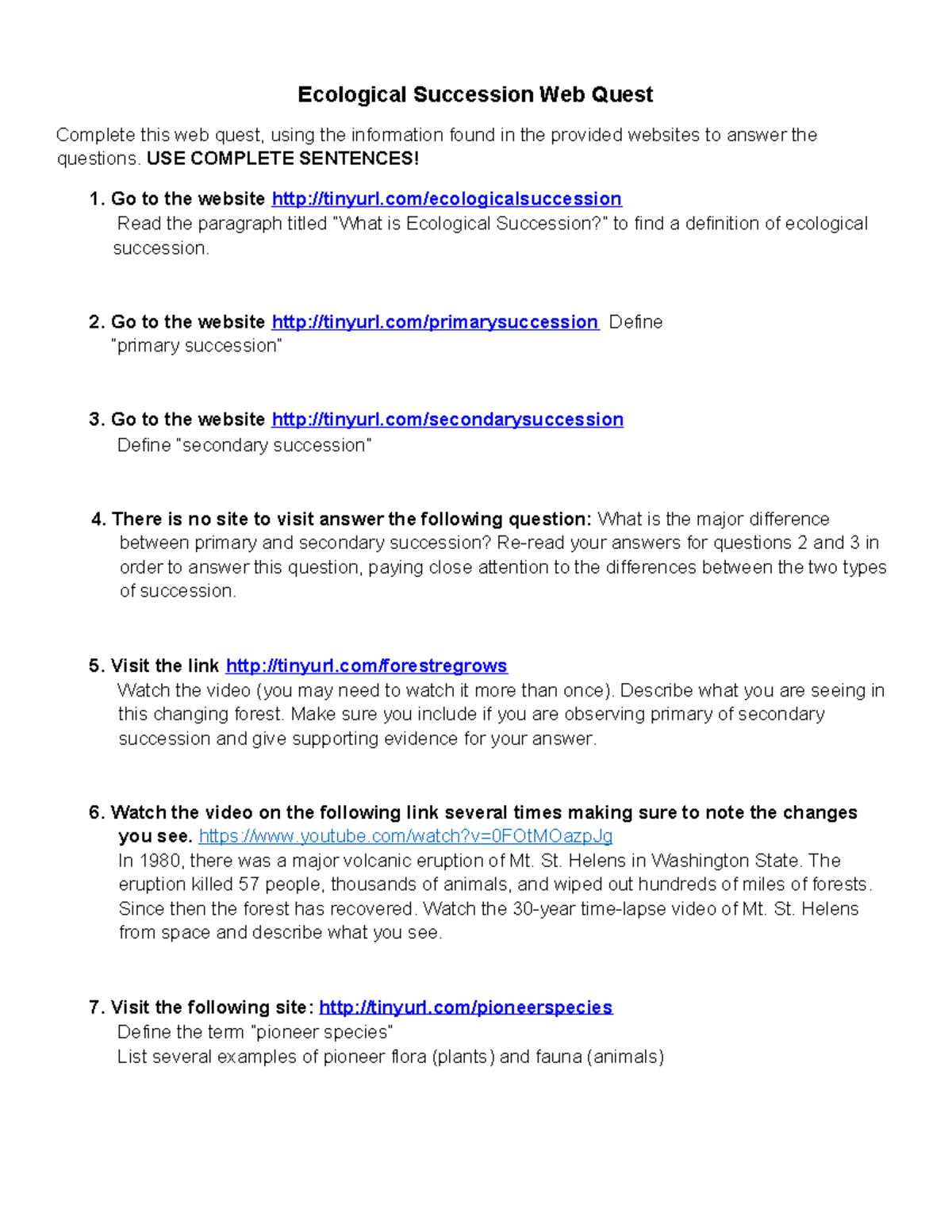 Ecological Succession Web Quest: Understanding Primary & Secondary ...
