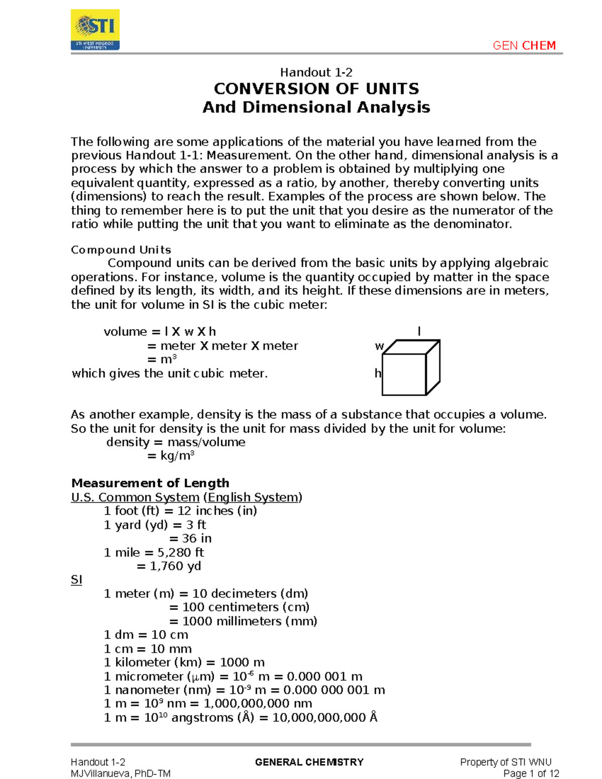 GEN CHEM Handout: Unit Conversion & Dimensional Analysis - Studocu