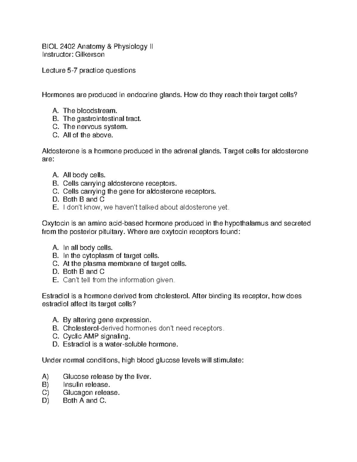 BIOL 2402 Anatomy physiology II lecture practice questions on hormones ...