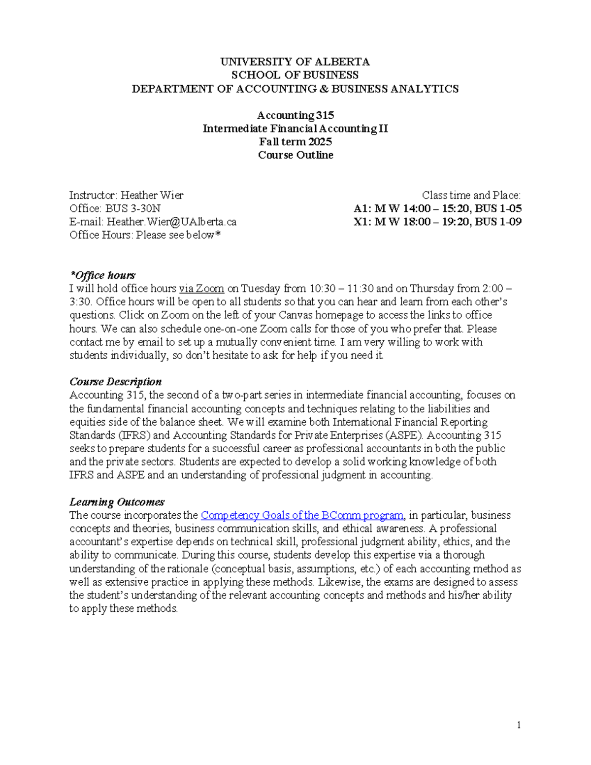 Acctg 315: Intermediate Financial Accounting II Course Outline Fall ...
