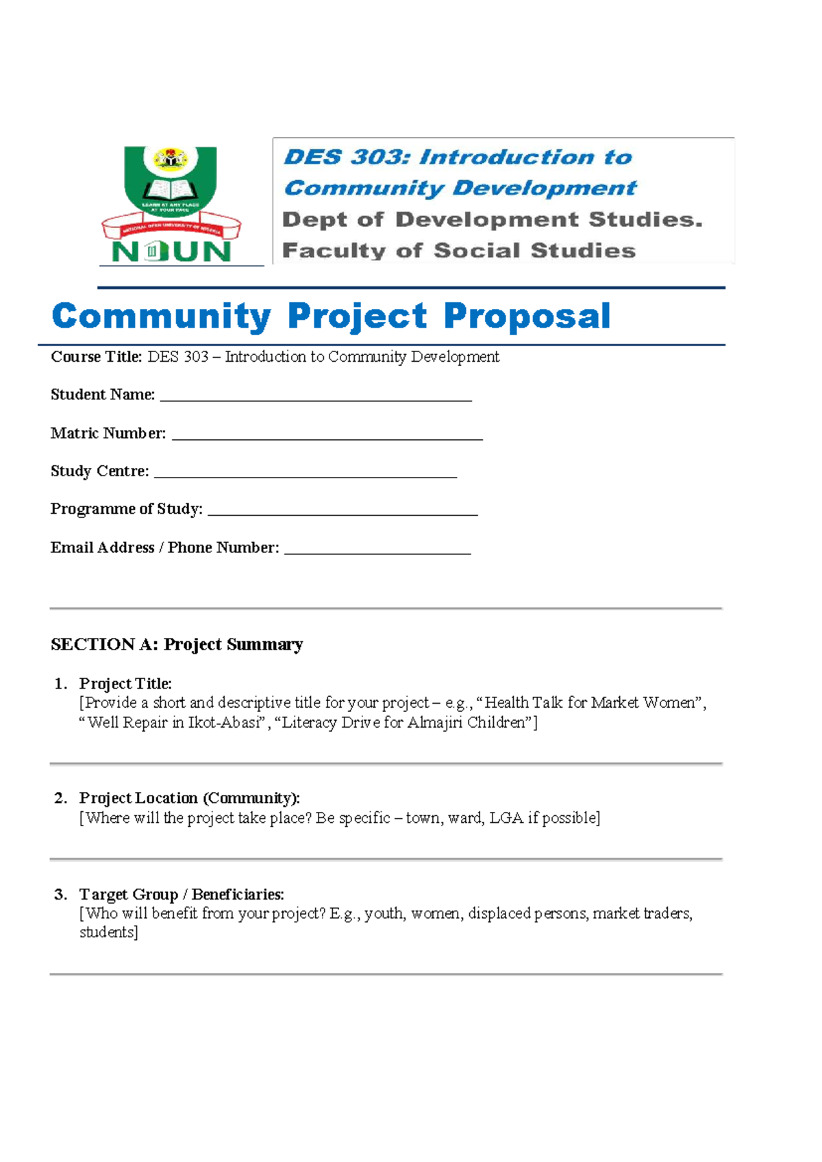 NOUN DES 303 Community Project Proposal Guidelines - Studocu