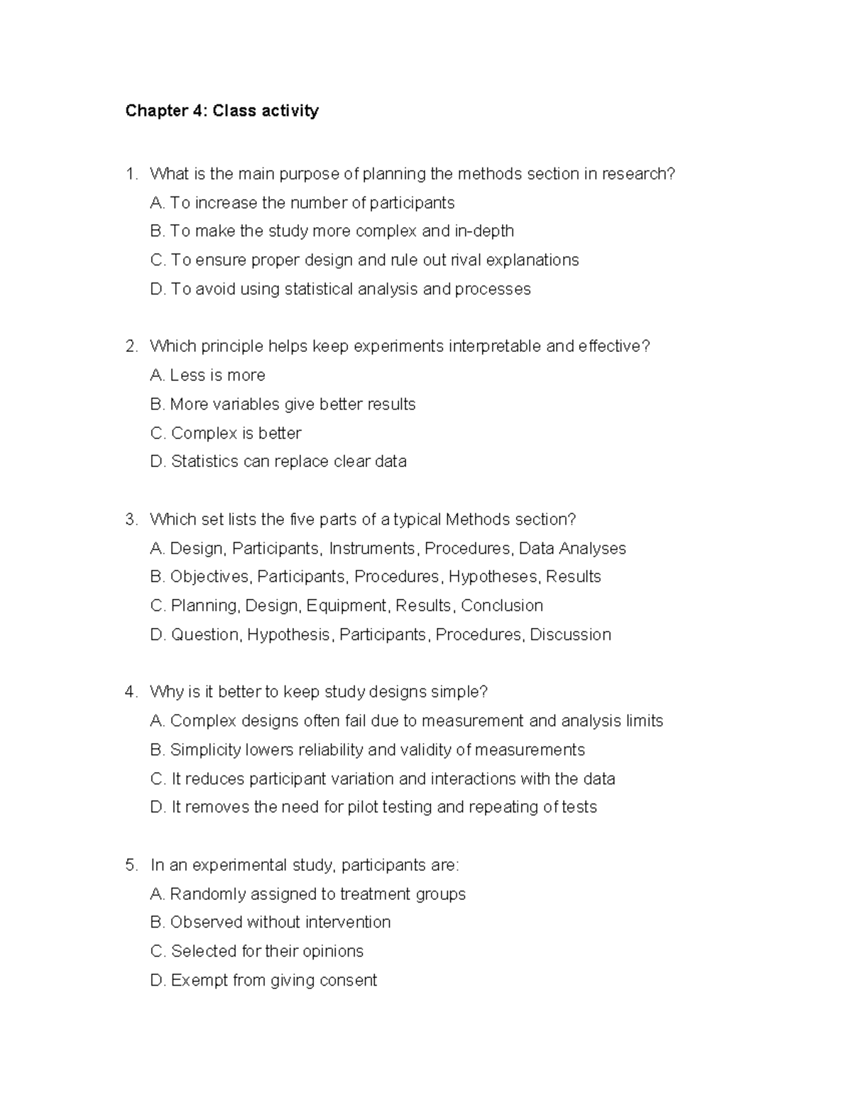 Chapter 4: Class Activity on Research Methods Planning - Studocu