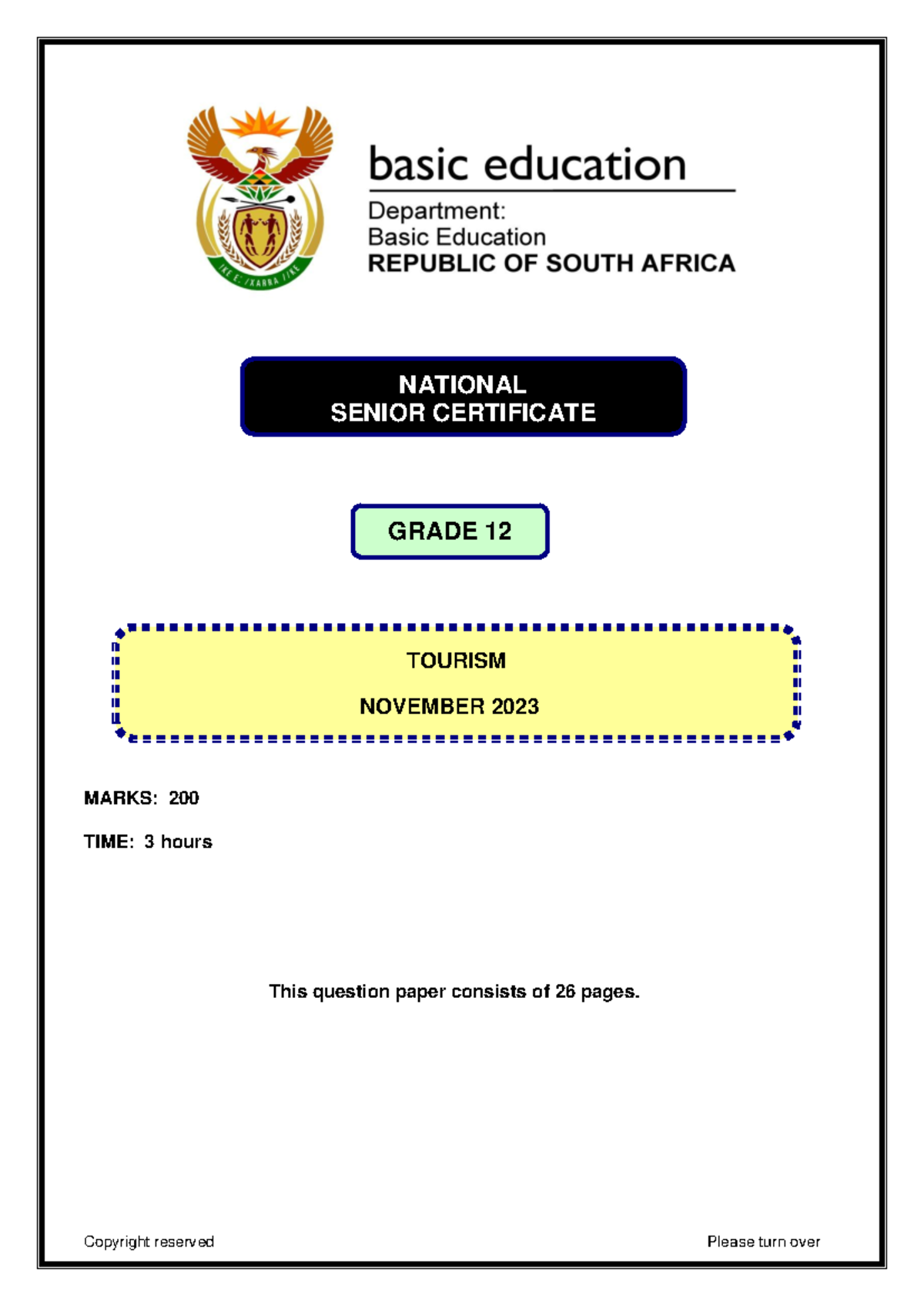 Tourism NSC Grade 12 Question Paper November 2023 - Studocu